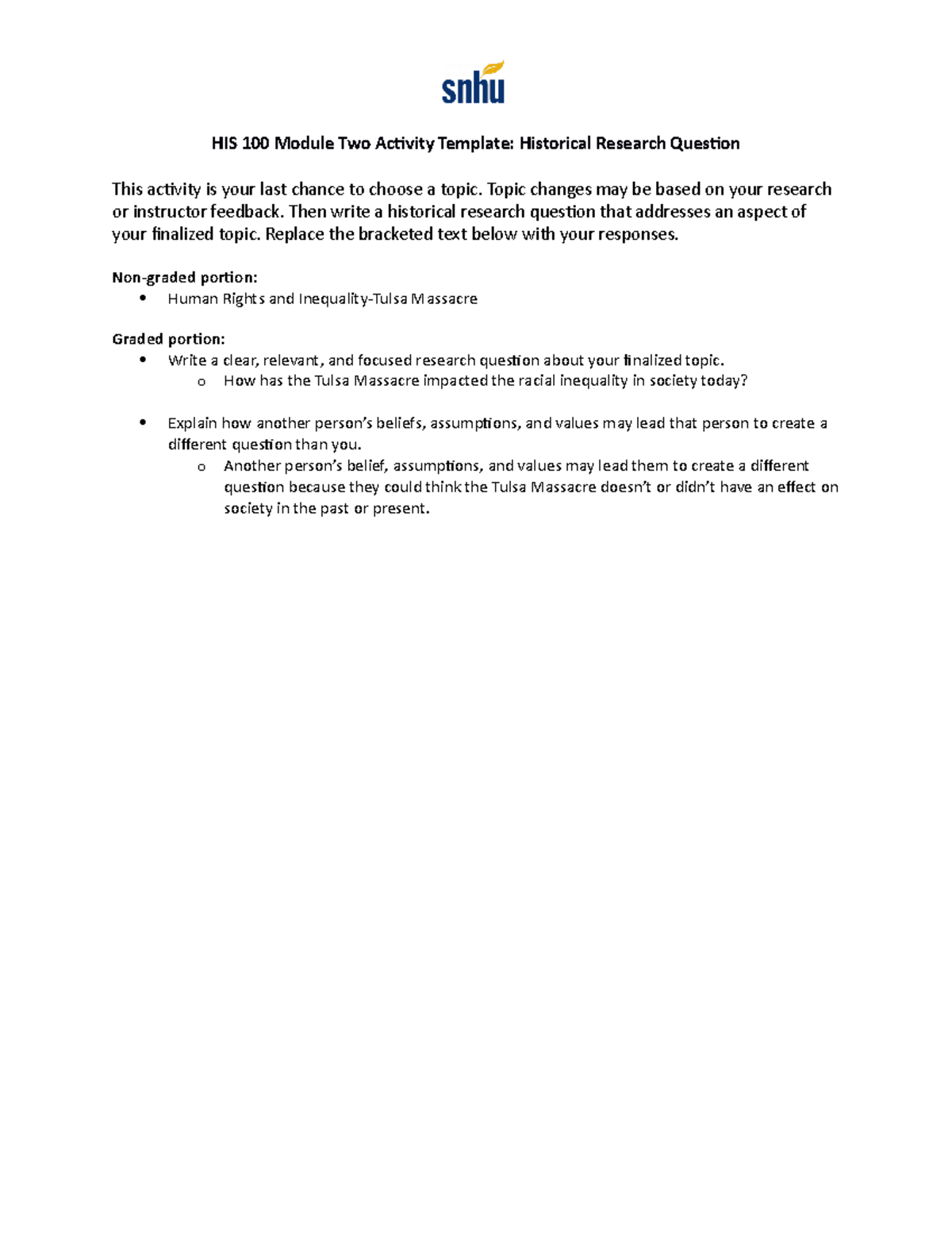 HIS 100 2-1 Activity Research Question Template - HIS 100 Module Two ...