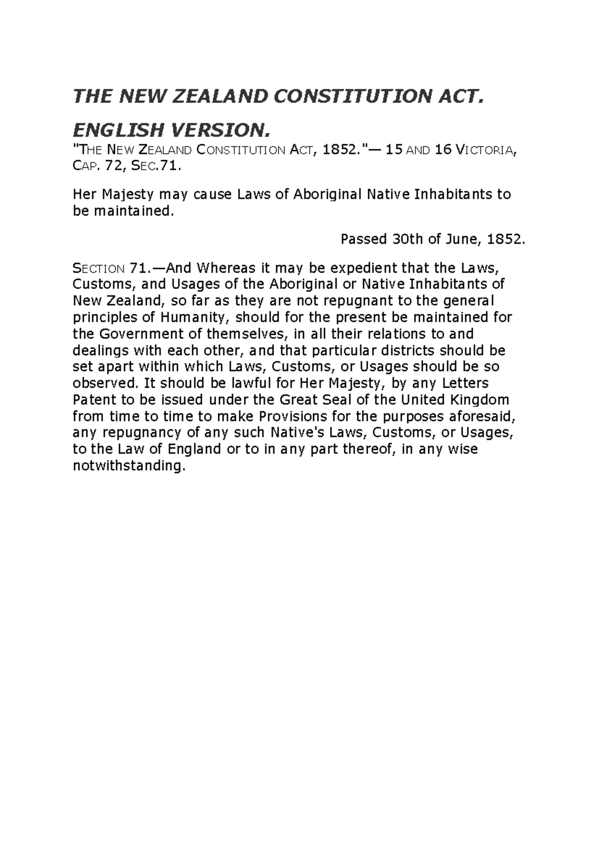 THE NEW Zealand Constitution ACT - THE NEW ZEALAND CONSTITUTION ACT. ENGLISH VERSION. "THE NEW ...