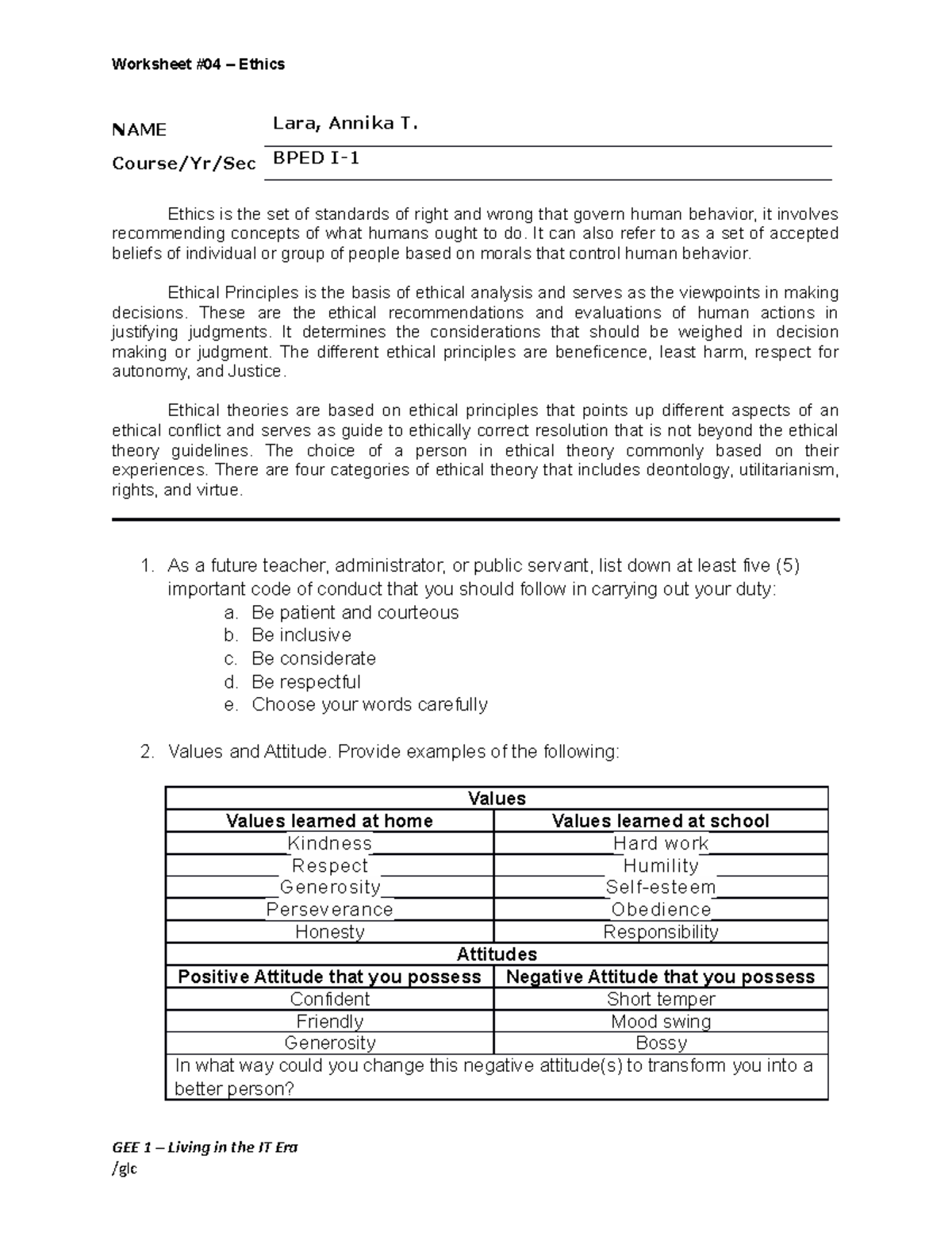 Worksheet 04 - Lara, Annika T - NAME Lara, Annika T. Course/Yr/Sec BPED ...
