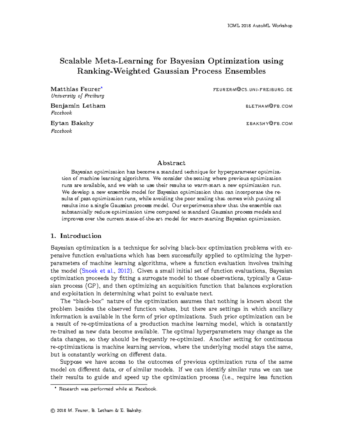 Scalable Meta Learning For Bayesian Optimization Using Ranking Weighted Gaussian Process