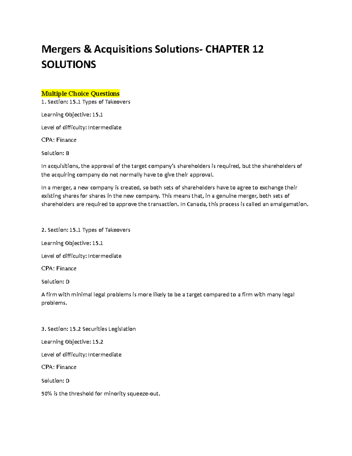 Chapter 12 M and A homework solutions - Mergers & Acquisitions ...