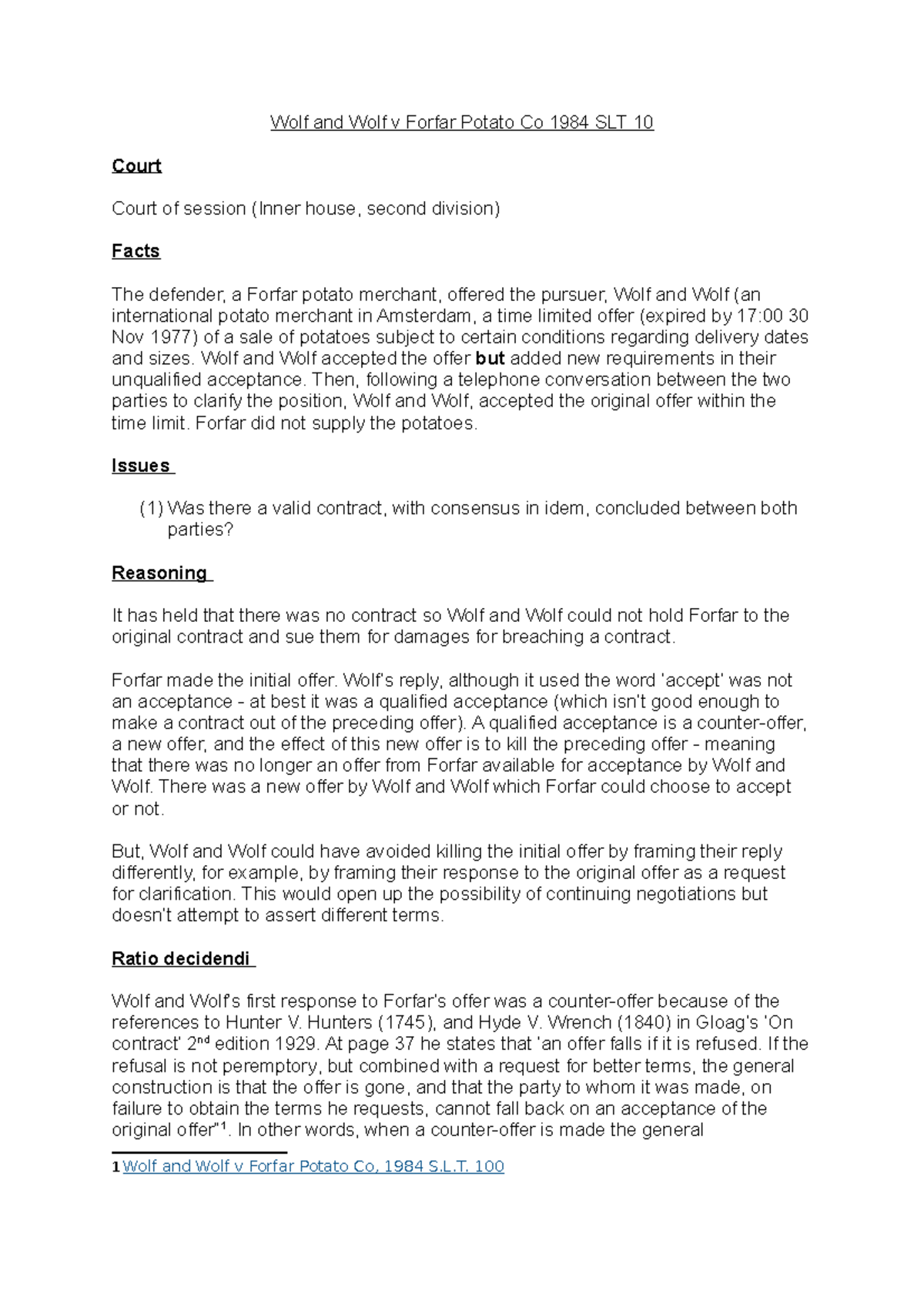 Wolf and wolf V forman - notes - Wolf and Wolf v Forfar Potato Co 1984 ...