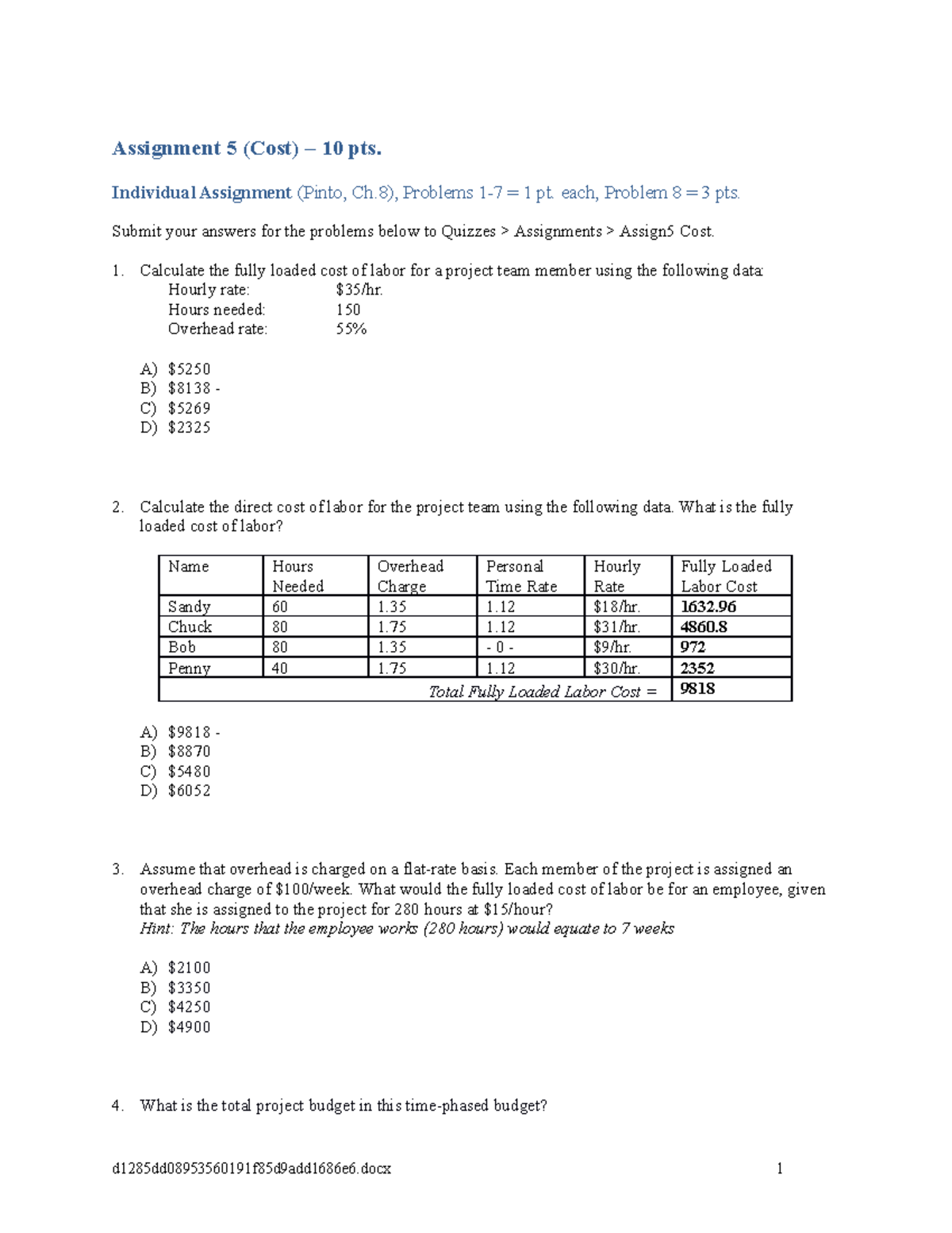 Individual Project Plan Assignment 5 Cost - Assignment 5 (Cost) 10 pts ...