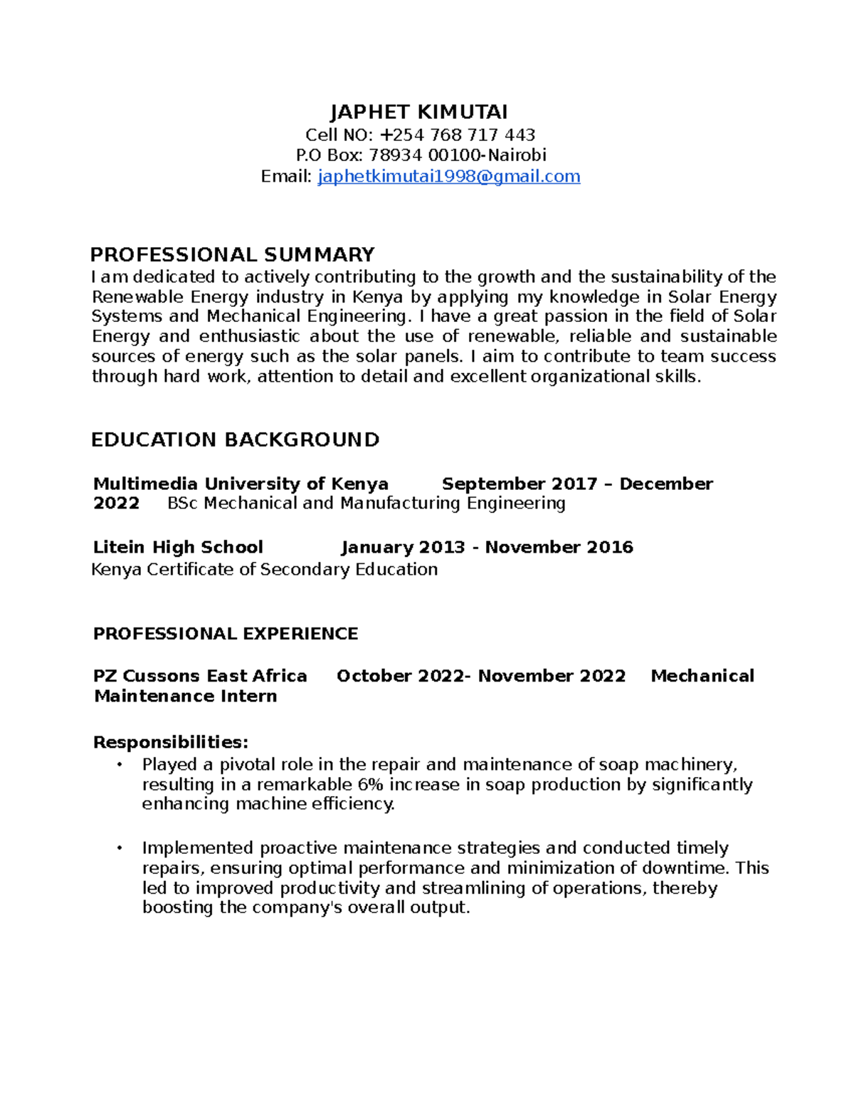 CV Japhet Kimutai RE - very good - JAPHET KIMUTAI Cell NO: +254 768 717 443 P Box: 78934 - Studocu