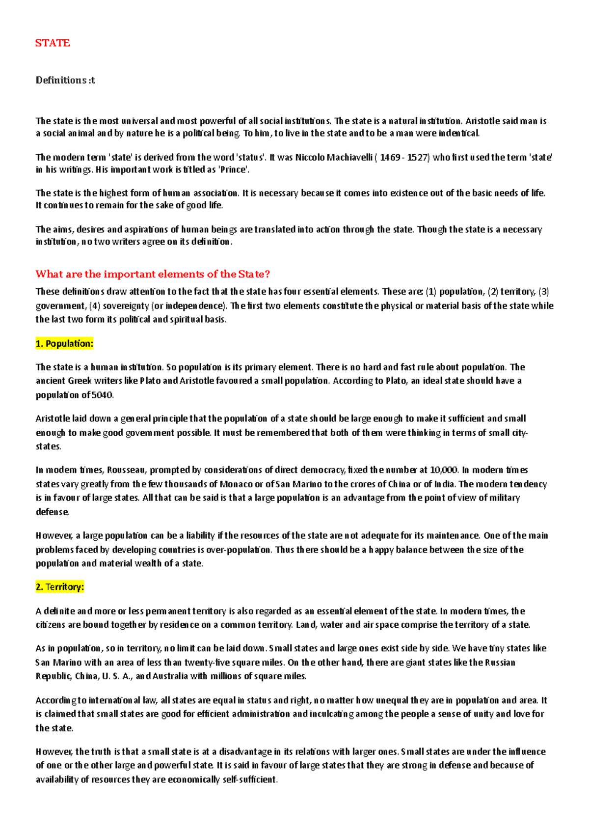 State - notes - STATE Definitions :t The state is the most universal ...