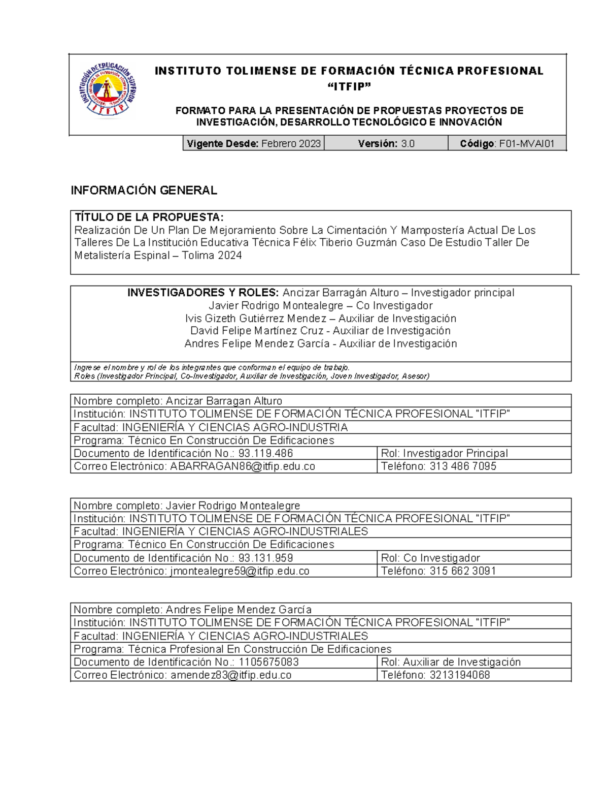 Formato PR - nada - INSTITUTO TOLIMENSE DE FORMACIÓN TÉCNICA ...