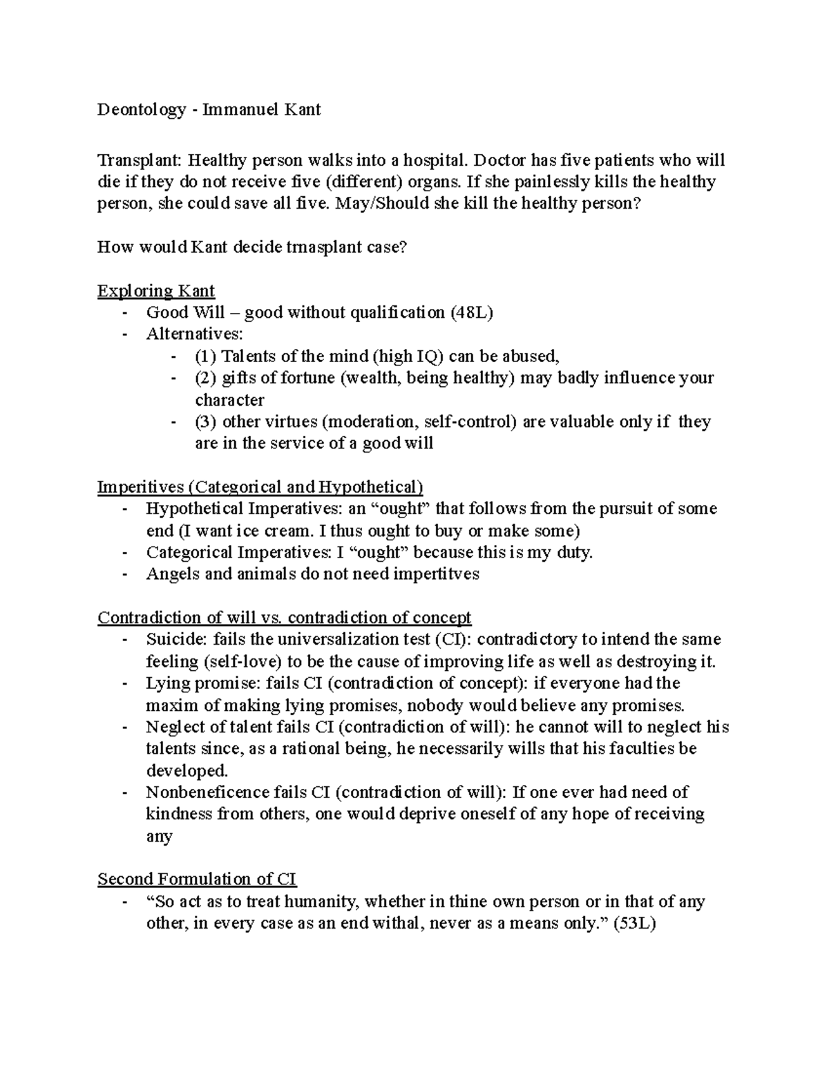 Medical Ethics Notes 2 - Deontology - Immanuel Kant - Deontology ...