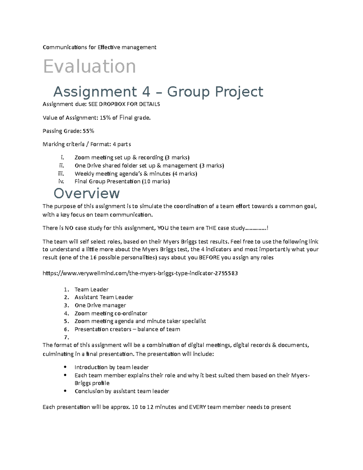 Group Project Assignment - Communications for Effective management ...