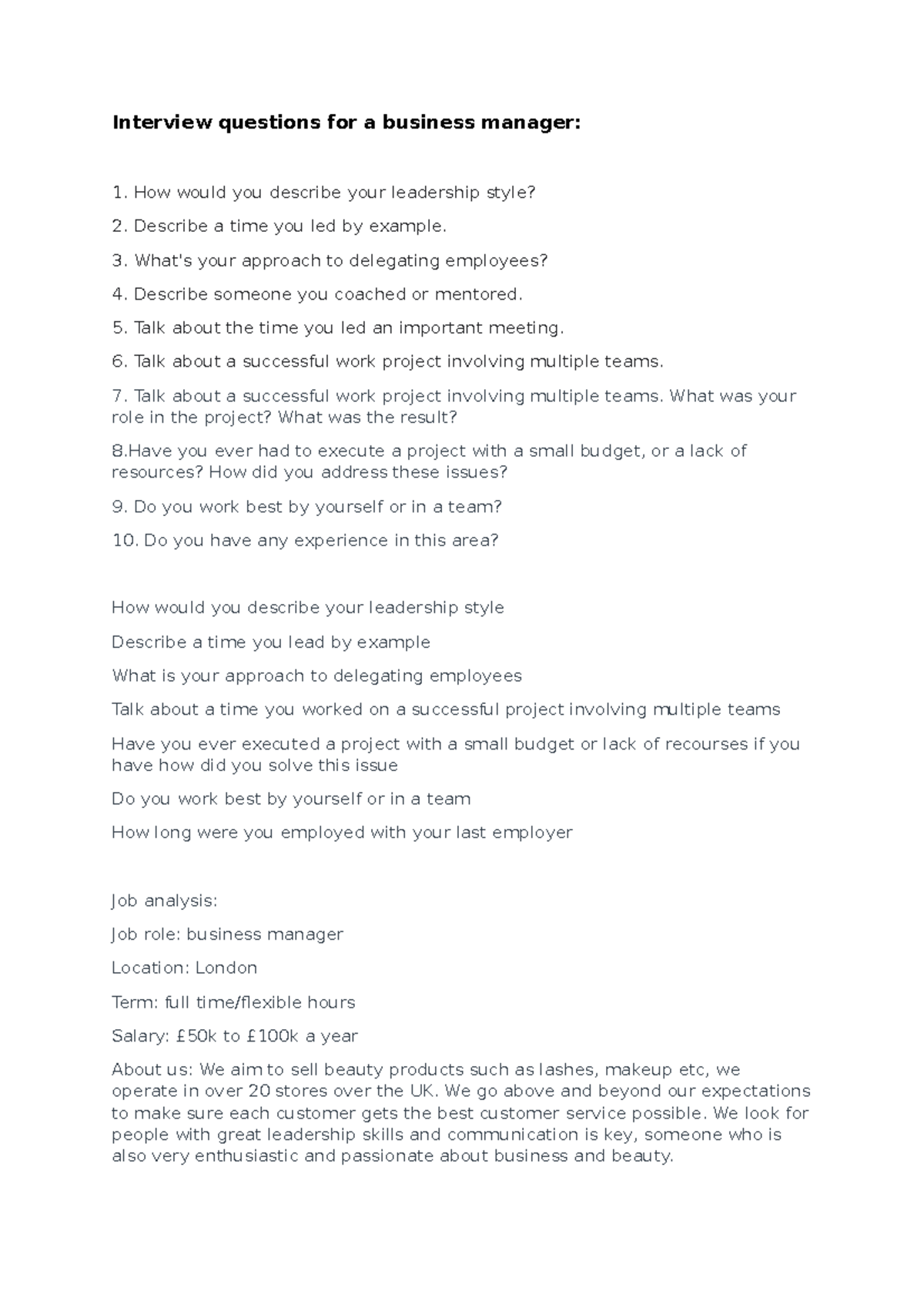 Interview questions unit 8 - Interview questions for a business manager ...