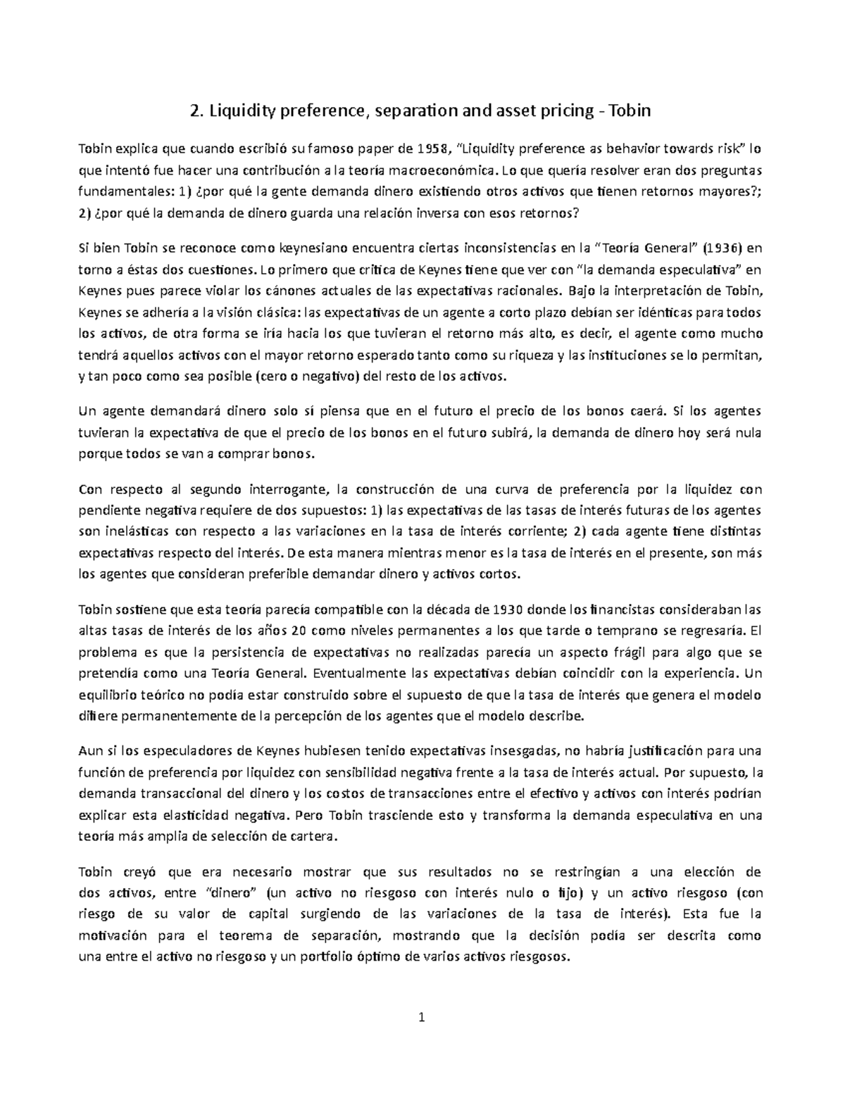 Tobin - 2. Liquidity preference, separation and asset pricing explica ...