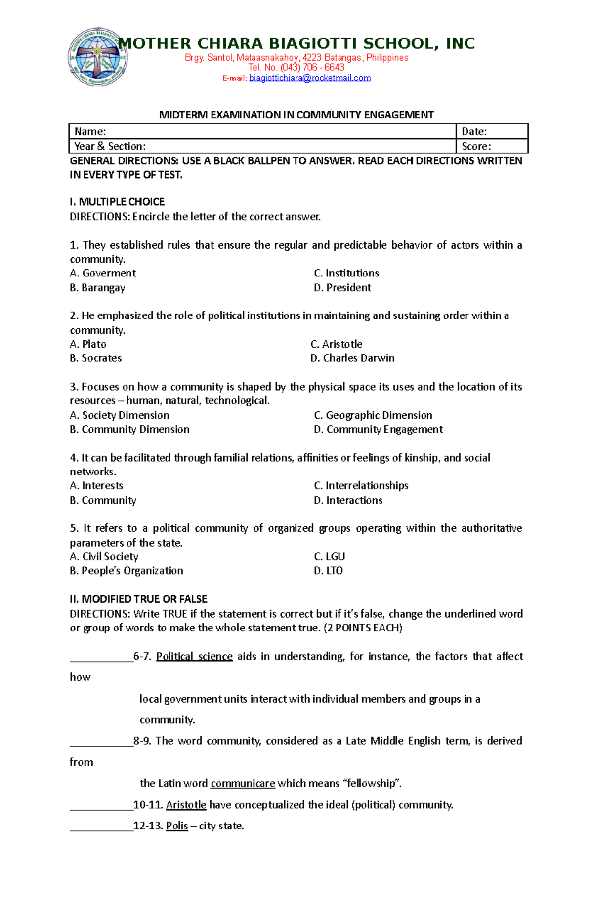 Community engagement exam - MOTHER CHIARA BIAGIOTTI SCHOOL, INC Brgy ...