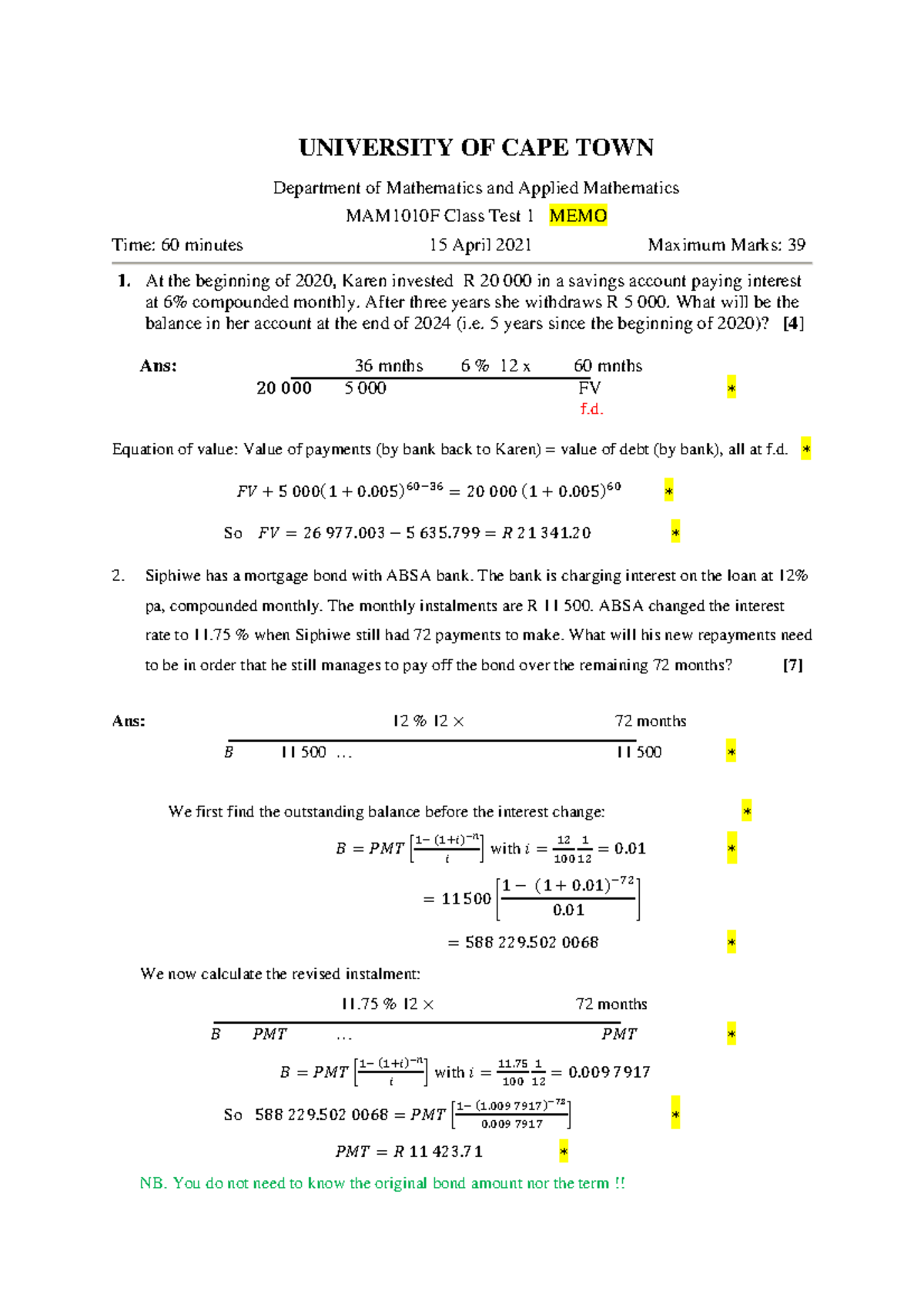 MAM1010F 2021 Class Test 1 MEMO - UNIVERSITY OF CAPE TOWN Department of ...