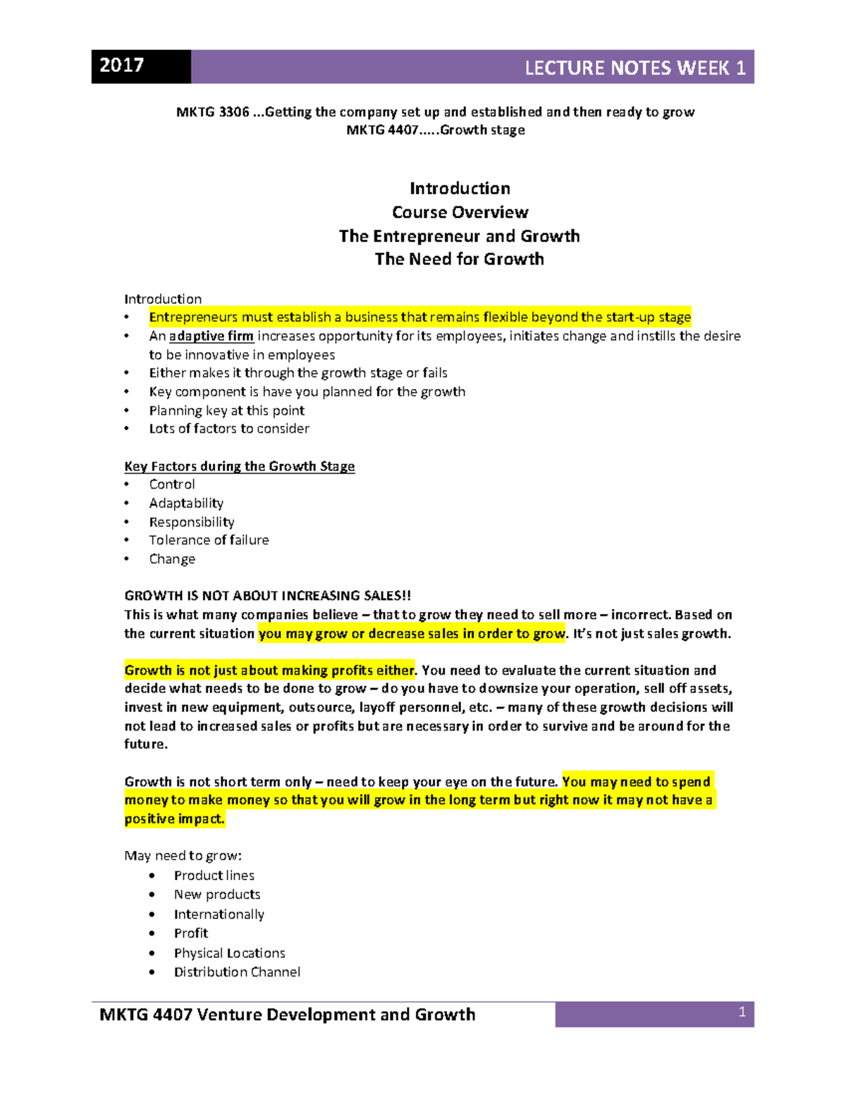 Week 1 Lecture Notes - 2017 LECTURE NOTES WEEK 1 MKTG 3306 .. the ...