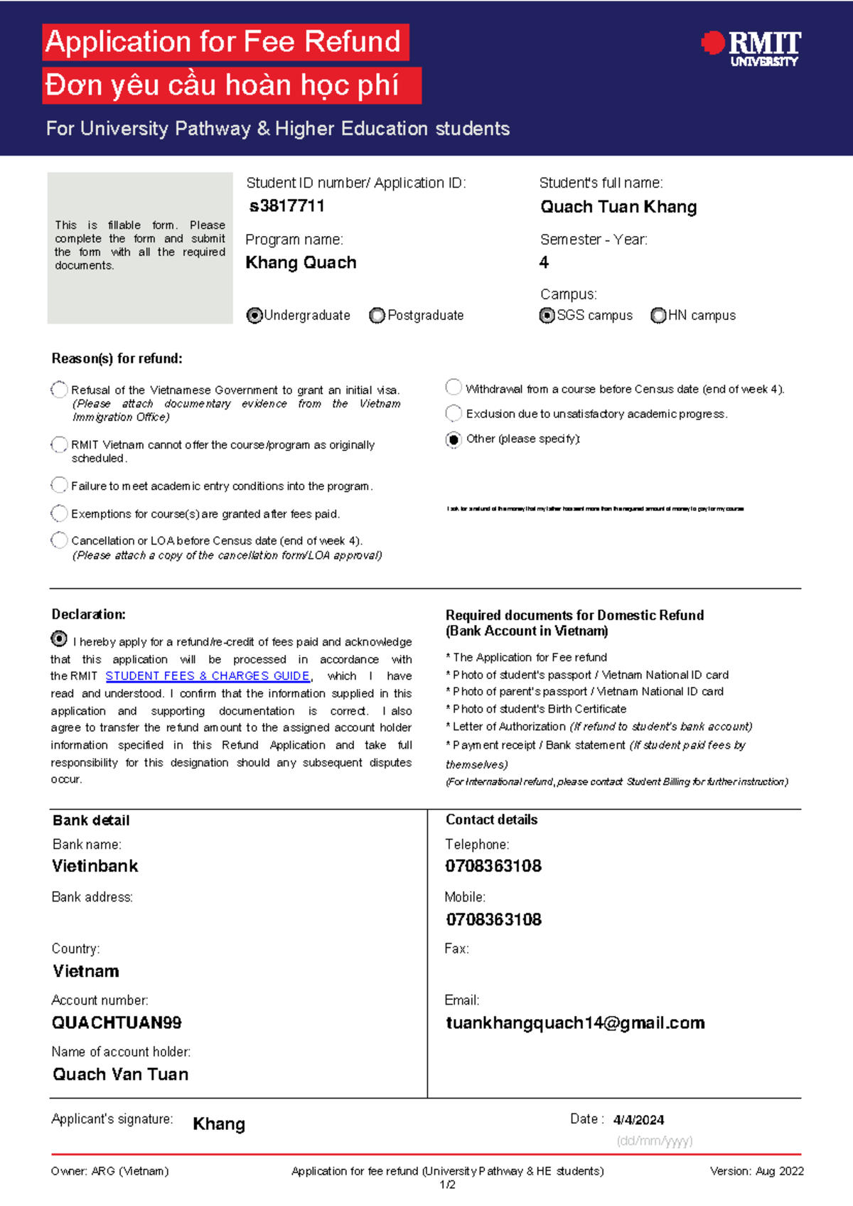 Application for Refund Form (HE students) - Owner: ARG (Vietnam ...