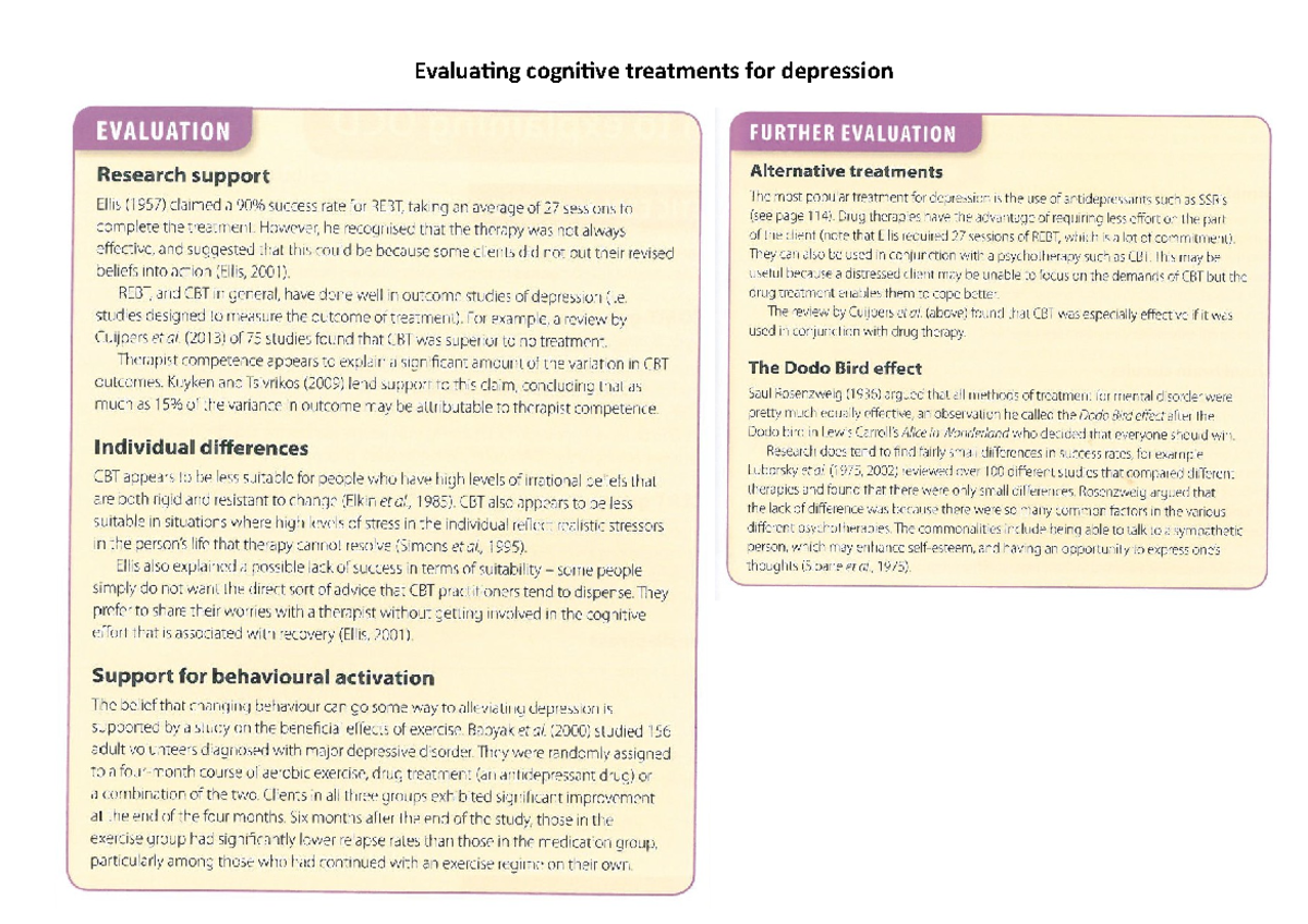 Evaluation of cognitive treatments for depression - Studocu