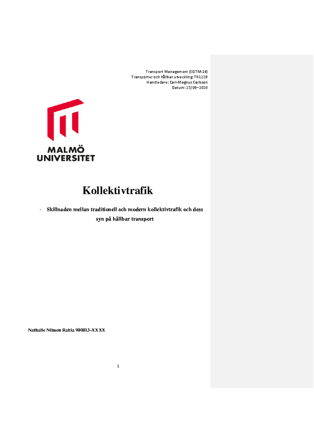 Projektarbete 2 - Transporter och hÂllbar utveckling: TR122B Handledare ...