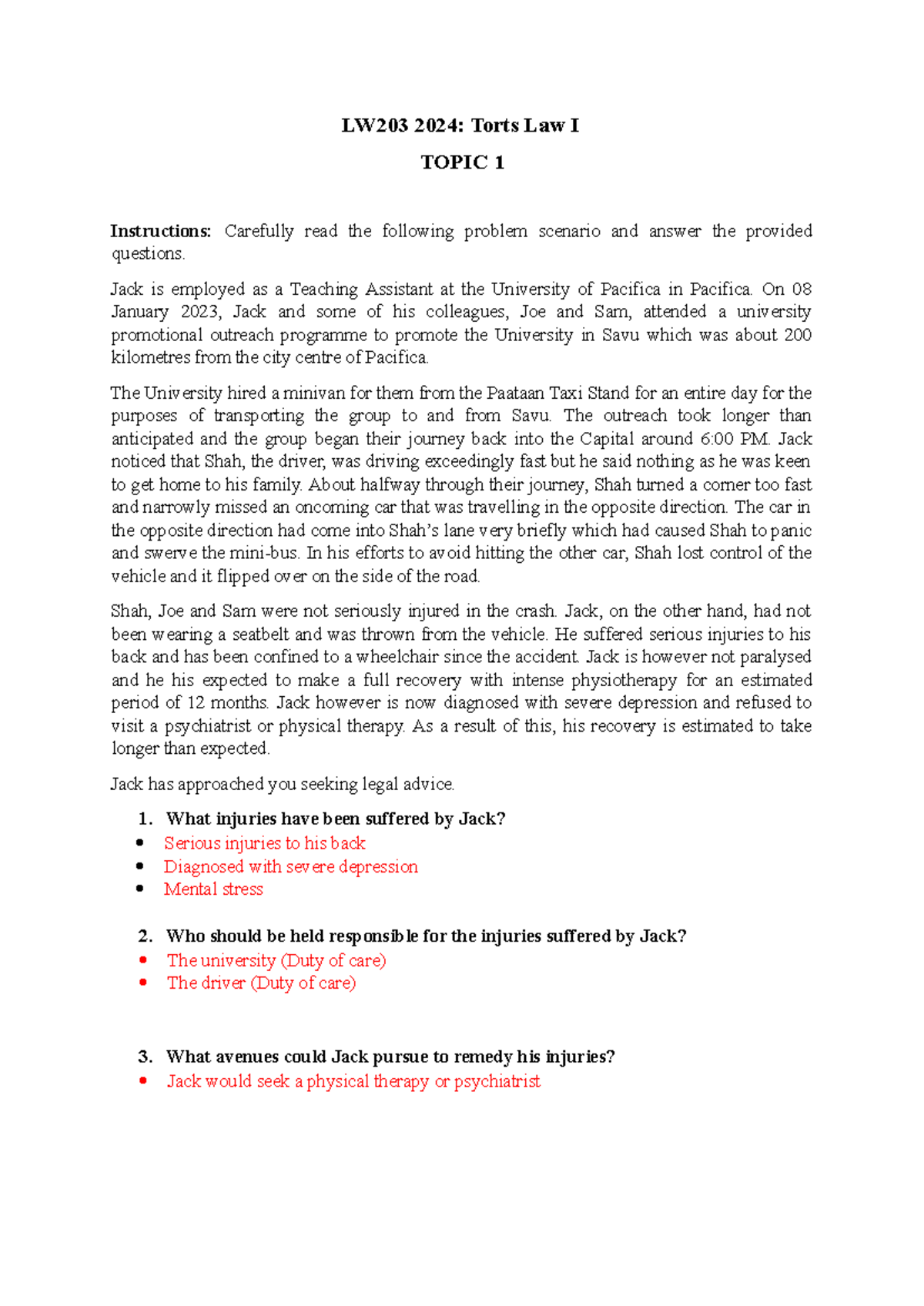 LW203 Topic 1 - Introduction - tutorial 1 - LW203 2024: Torts Law I TOPIC 1 Instructions ...