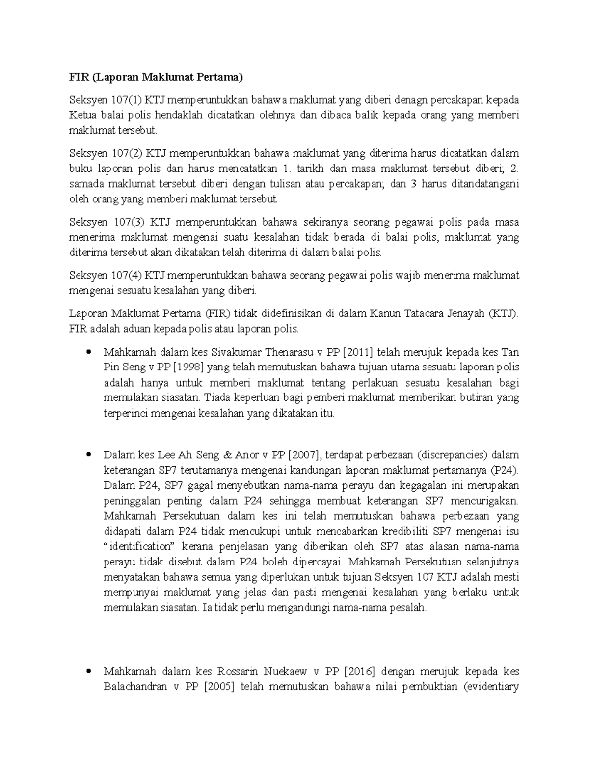 FIR - notes for finals - FIR (Laporan Maklumat Pertama) Seksyen 107(1 ...