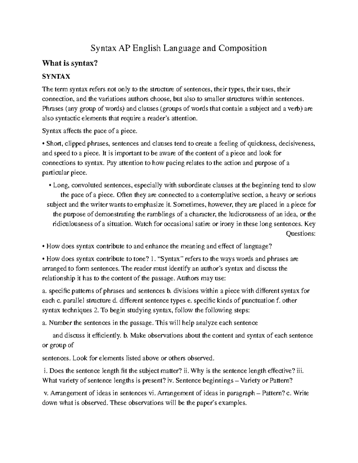 Syntax Notes handout - Syntax AP English Language and Composition What ...