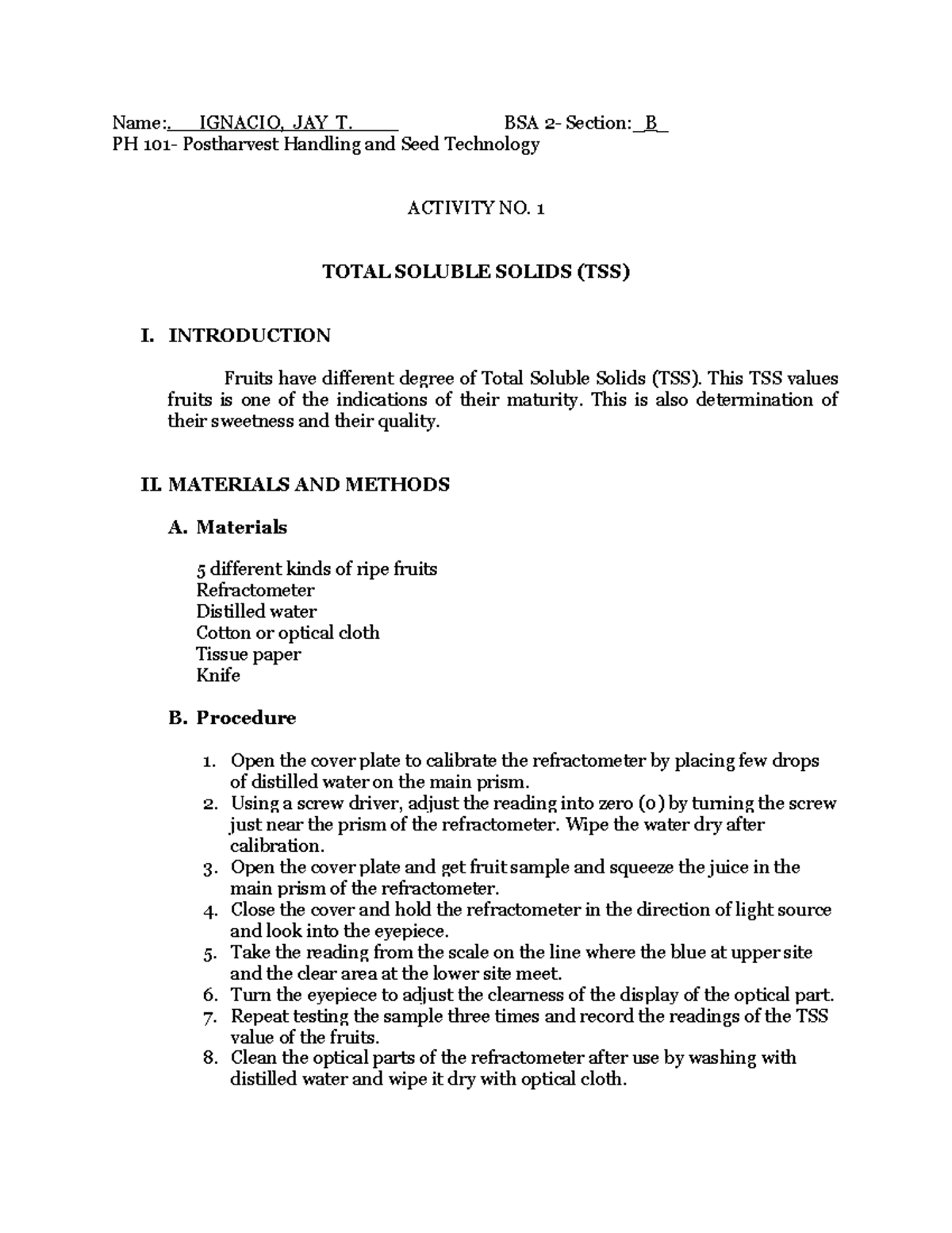 Activity-NO-1 - sow - Name:. IGNACIO, JAY T. BSA 2- Section:B PH 101 ...