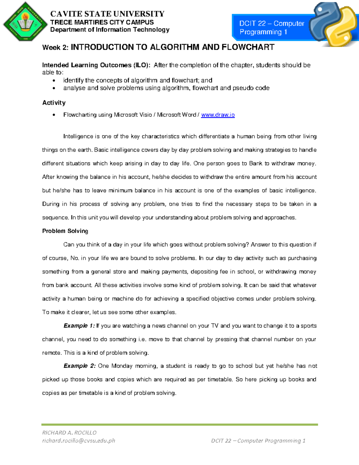 Module-Week-2-Introduction to Algorithm and Flowchart - TRECE MARTIRES ...
