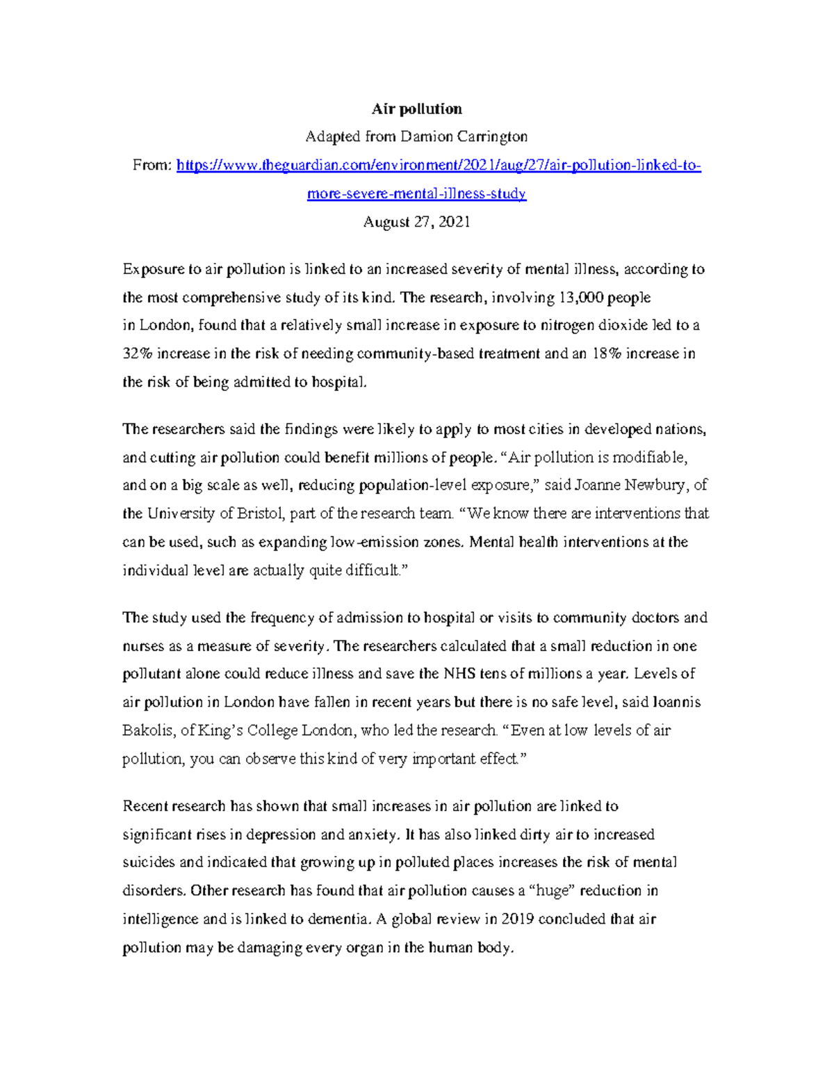 Air Pollution Activity #2 - Air pollution Adapted from Damion ...