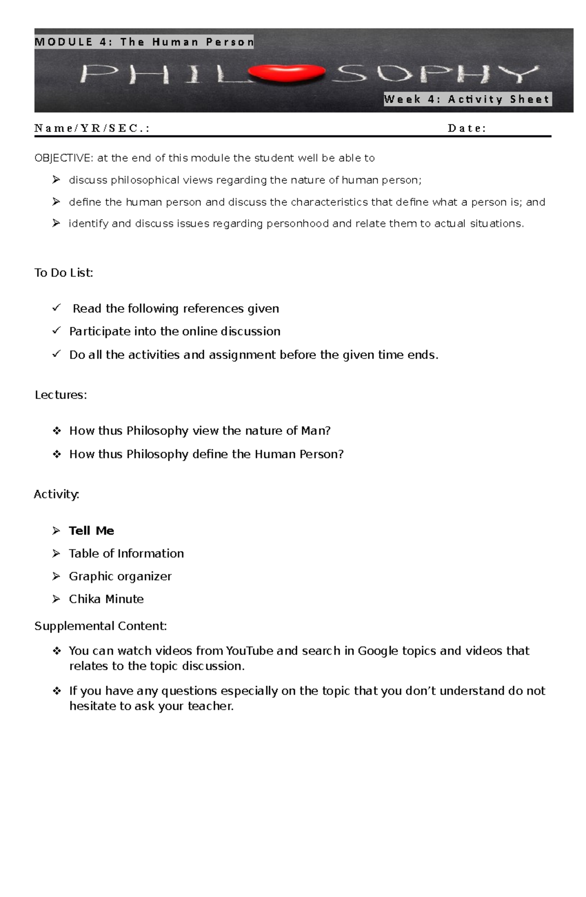 Module-4-Activity-Sheet - M O D U L E 4 : T h e H u m a n P e r s o n W ...