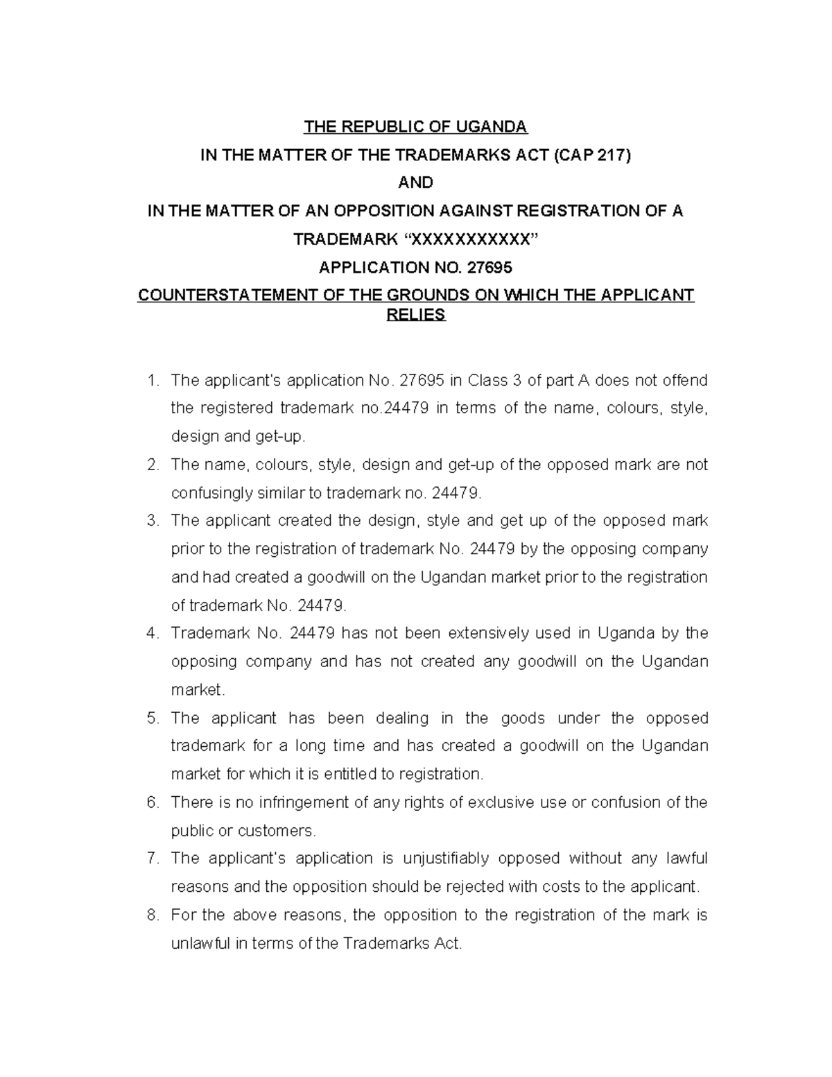Trademark Counter Statement - THE REPUBLIC OF UGANDA IN THE MATTER OF ...