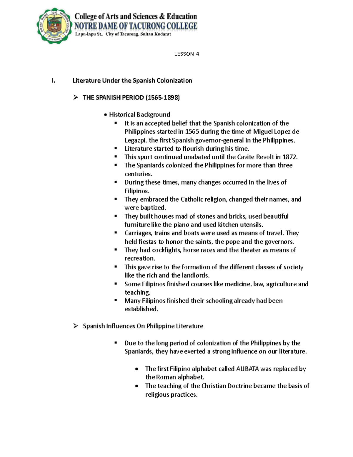 Literature under the Spanish Colonization - LESSON 4 I. Literature Under the Spanish ...