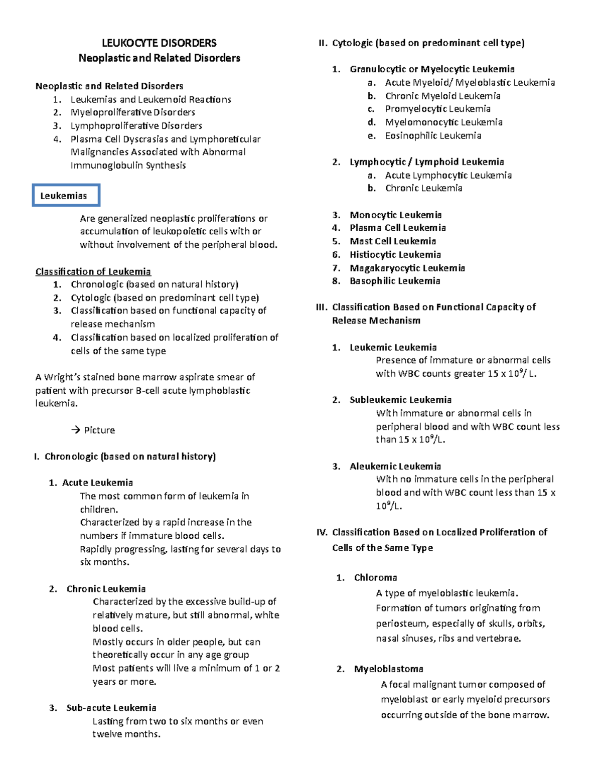 Leukemia - Lecture notes 1 - LEUKOCYTE DISORDERS Neoplastic and Related ...