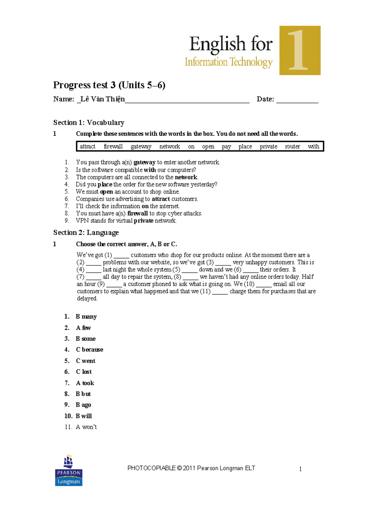VE IT Tests Pr Test 03 - gSG - Progress test 3 (Units 5–6) Name: Lê Văn ...