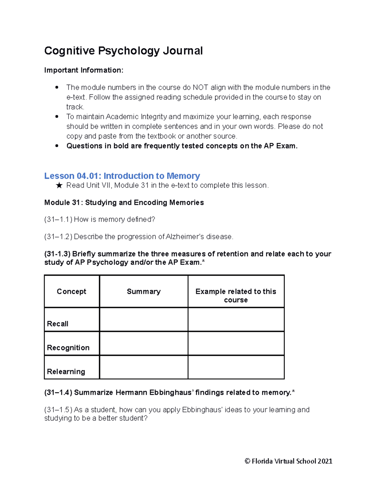 Mod. 4 cognitive psychology journal - Cognitive Psychology Journal ...