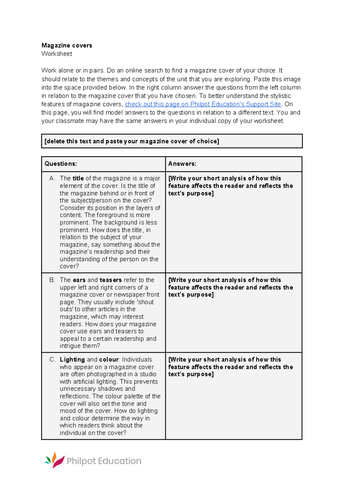 Magazine covers worksheet - Magazine covers Worksheet Work alone or in ...