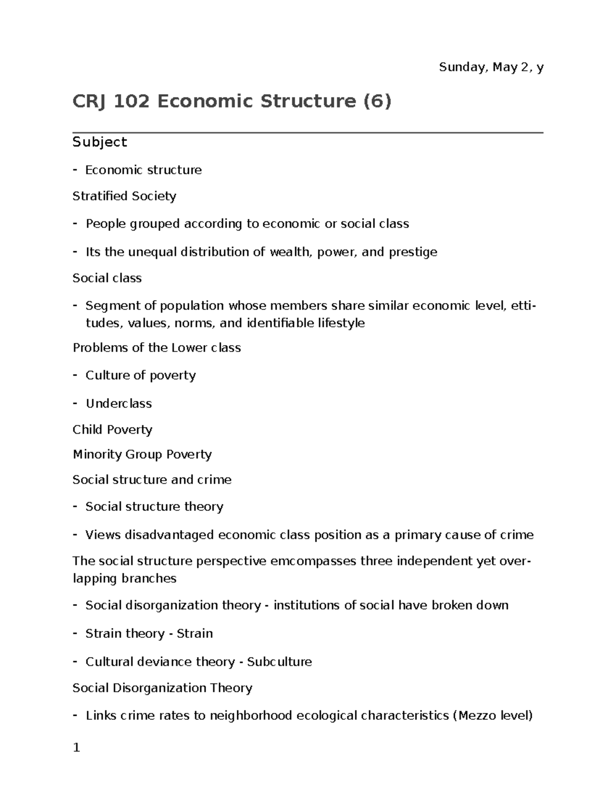 CRJ 102 - Economic Structure lecture - Friday, May 3, y CRJ 102 ...