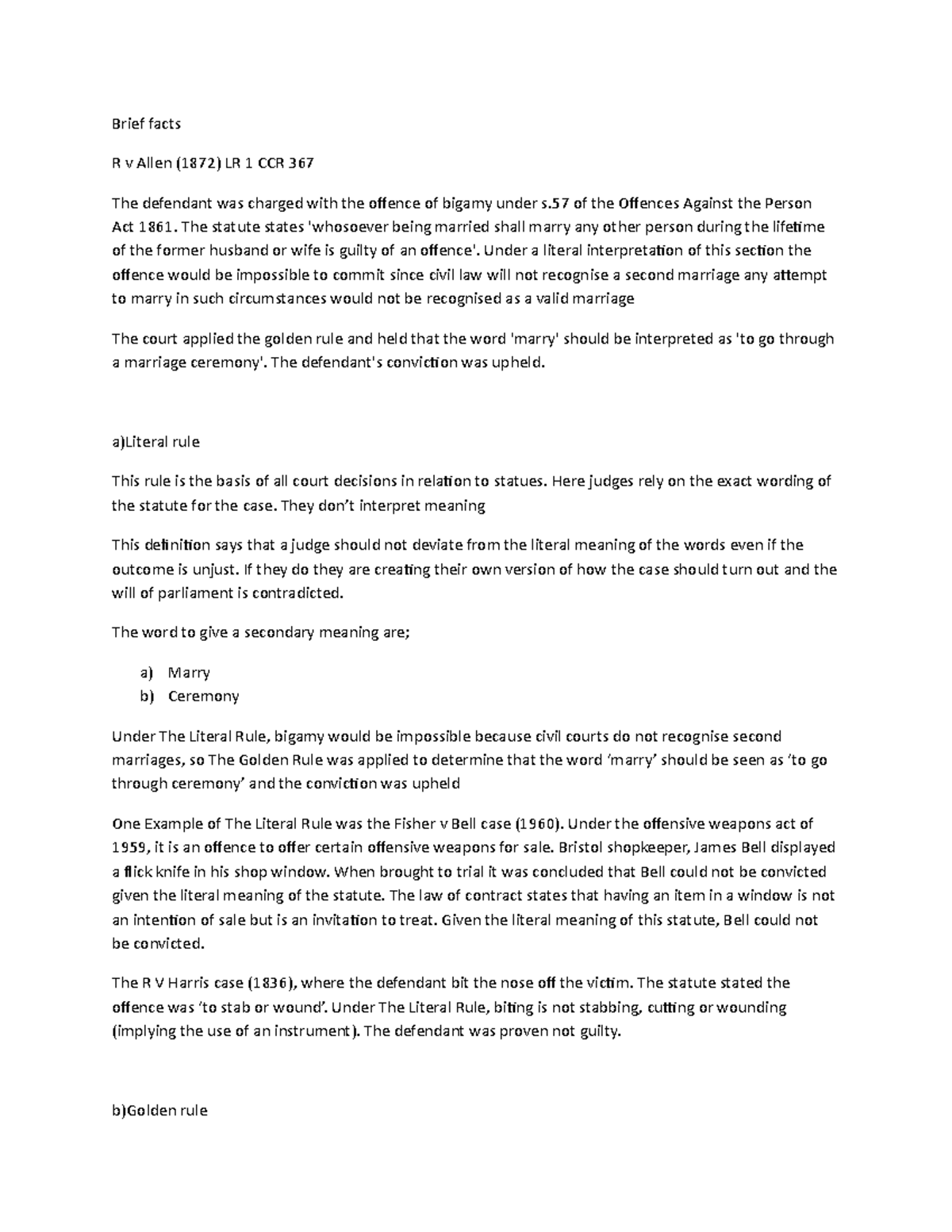 Linet - Brief facts R v Allen (1872) LR 1 CCR 367 The defendant was charged with the offence of ...