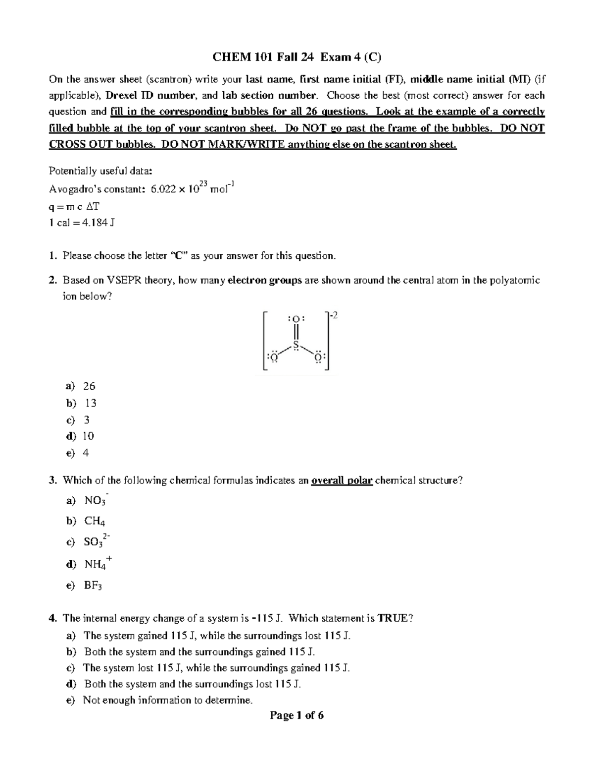 Exam4 F24 - C Chem 101 - CHEM 101 Fall 24 Exam 4 (C) On the answer ...
