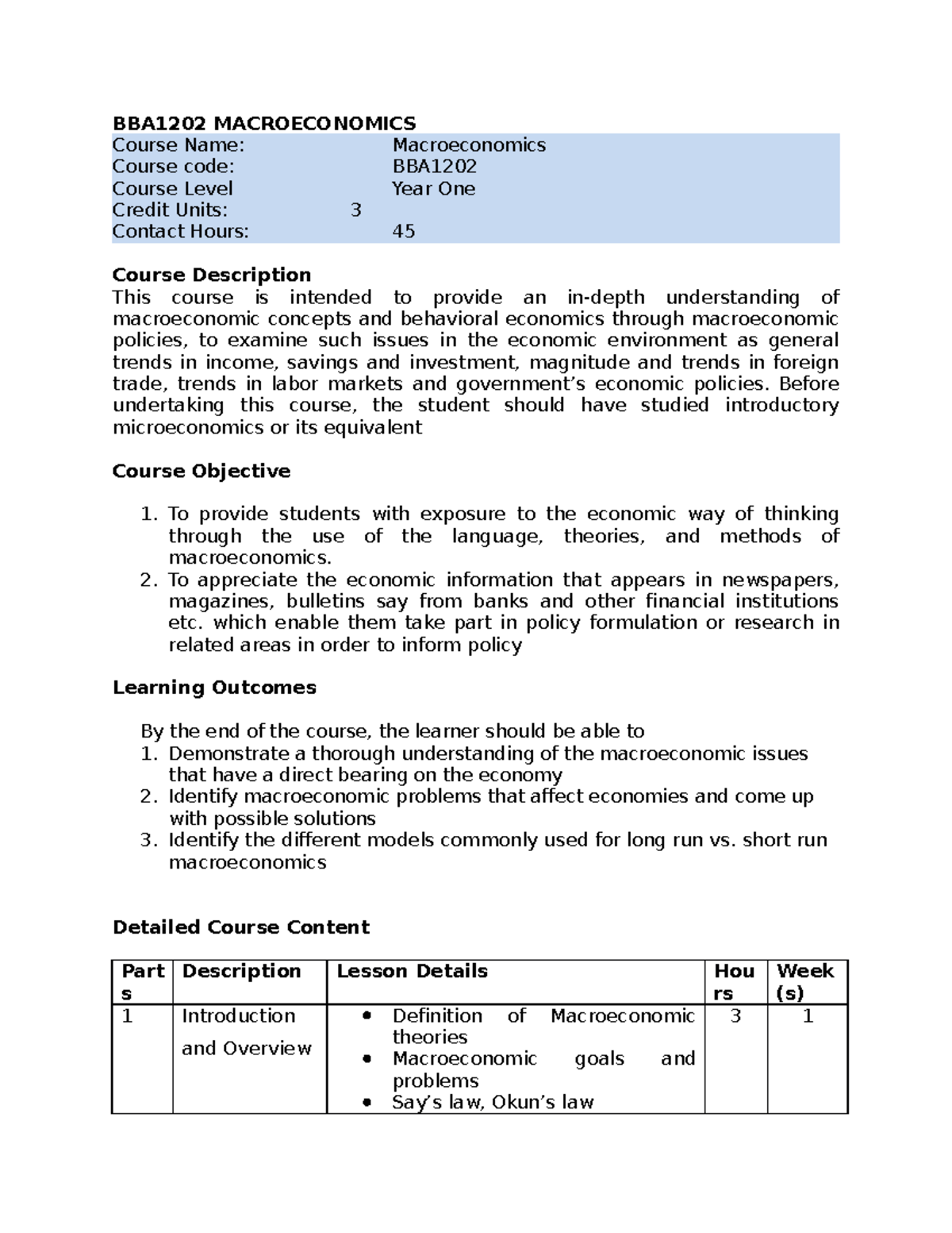 Macro ECON Content - nice - BBA1202 MACROECONOMICS Course Name ...