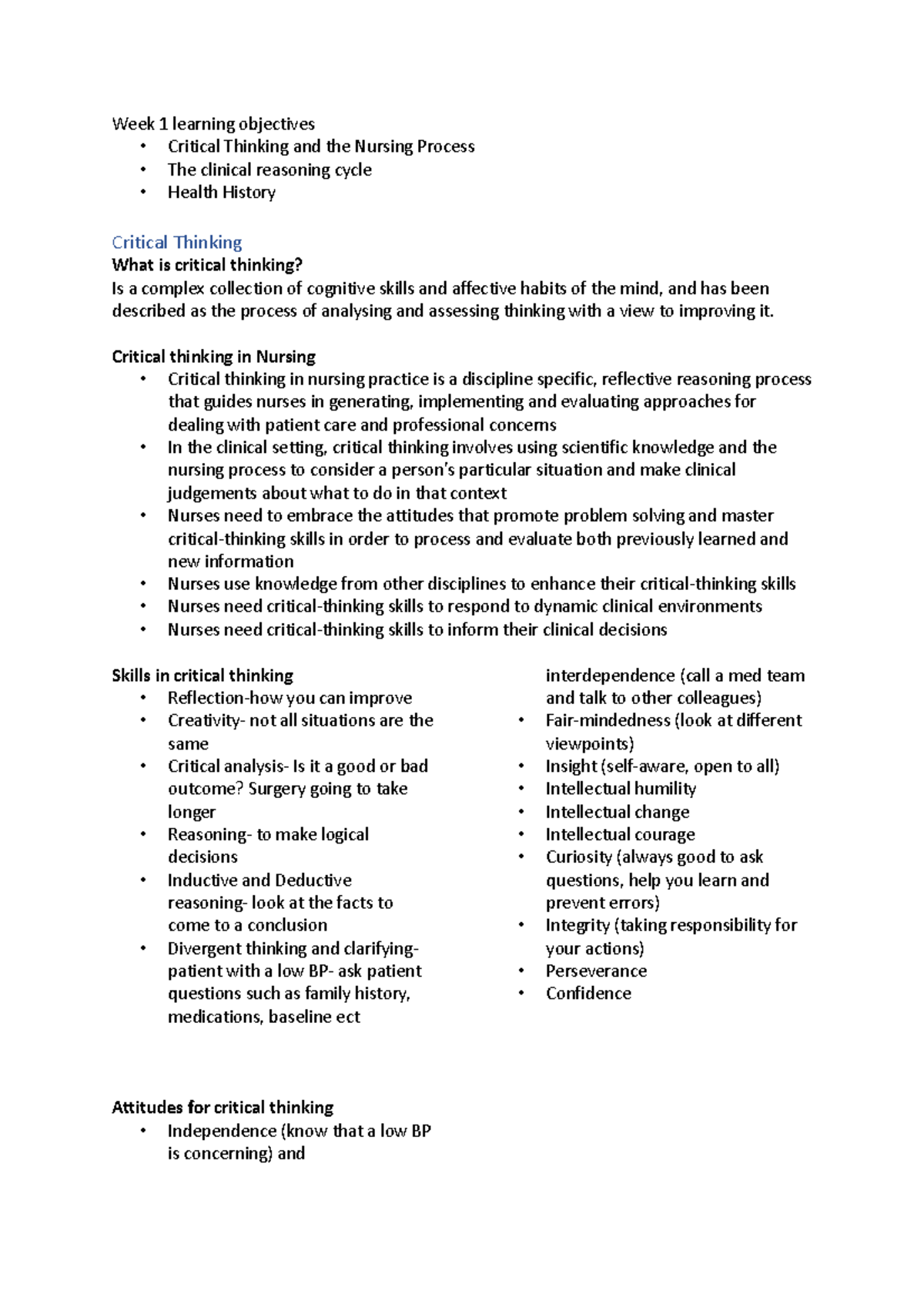 NURS1020 Week1 - Week 1 learning objectives - Critical Thinking and the ...