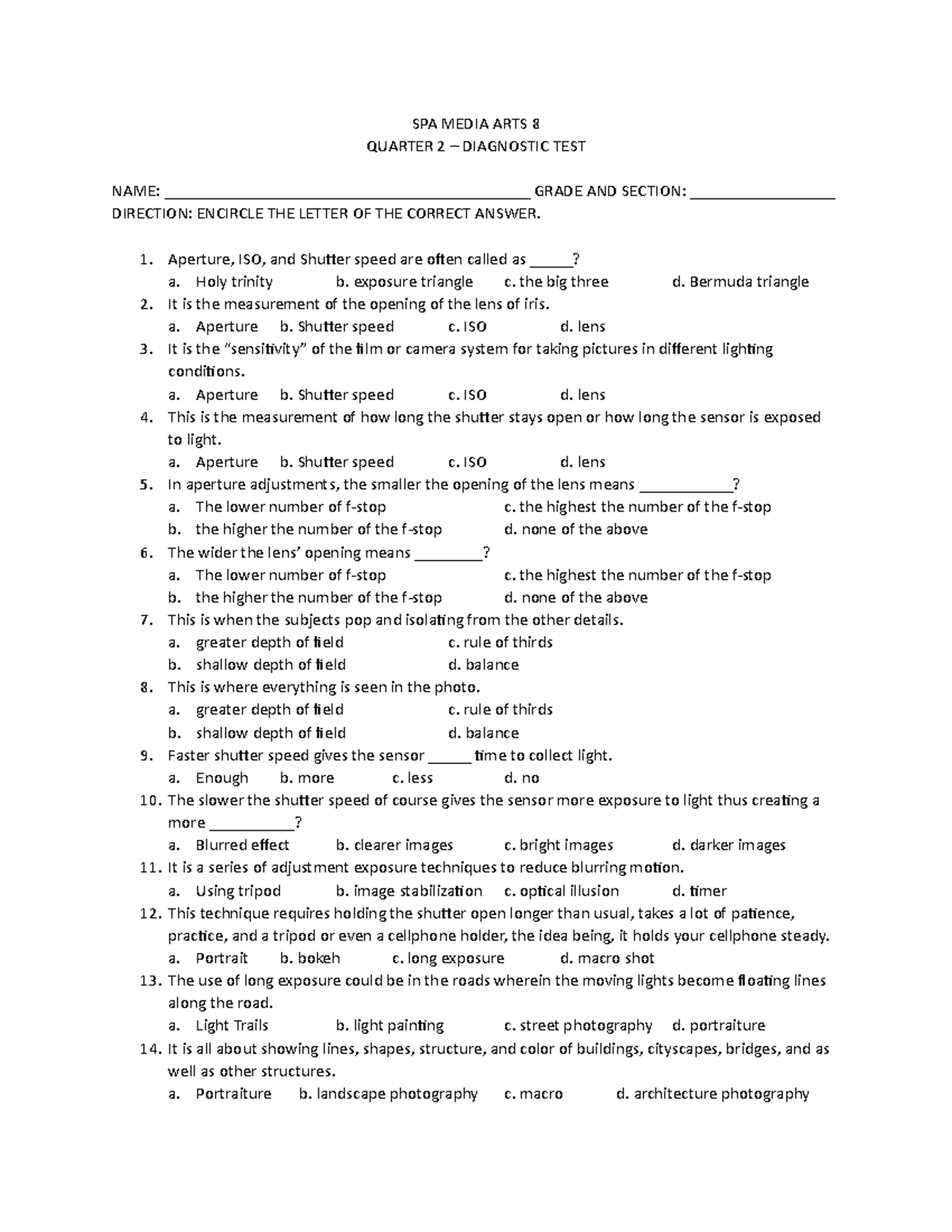SPA Media ARTS 8 diagnostic q2 - SPA MEDIA ARTS 8 QUARTER 2 ...