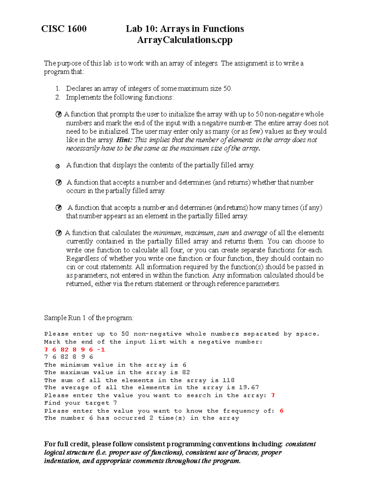 Lab10Array Calculations - For full credit, please follow consistent ...