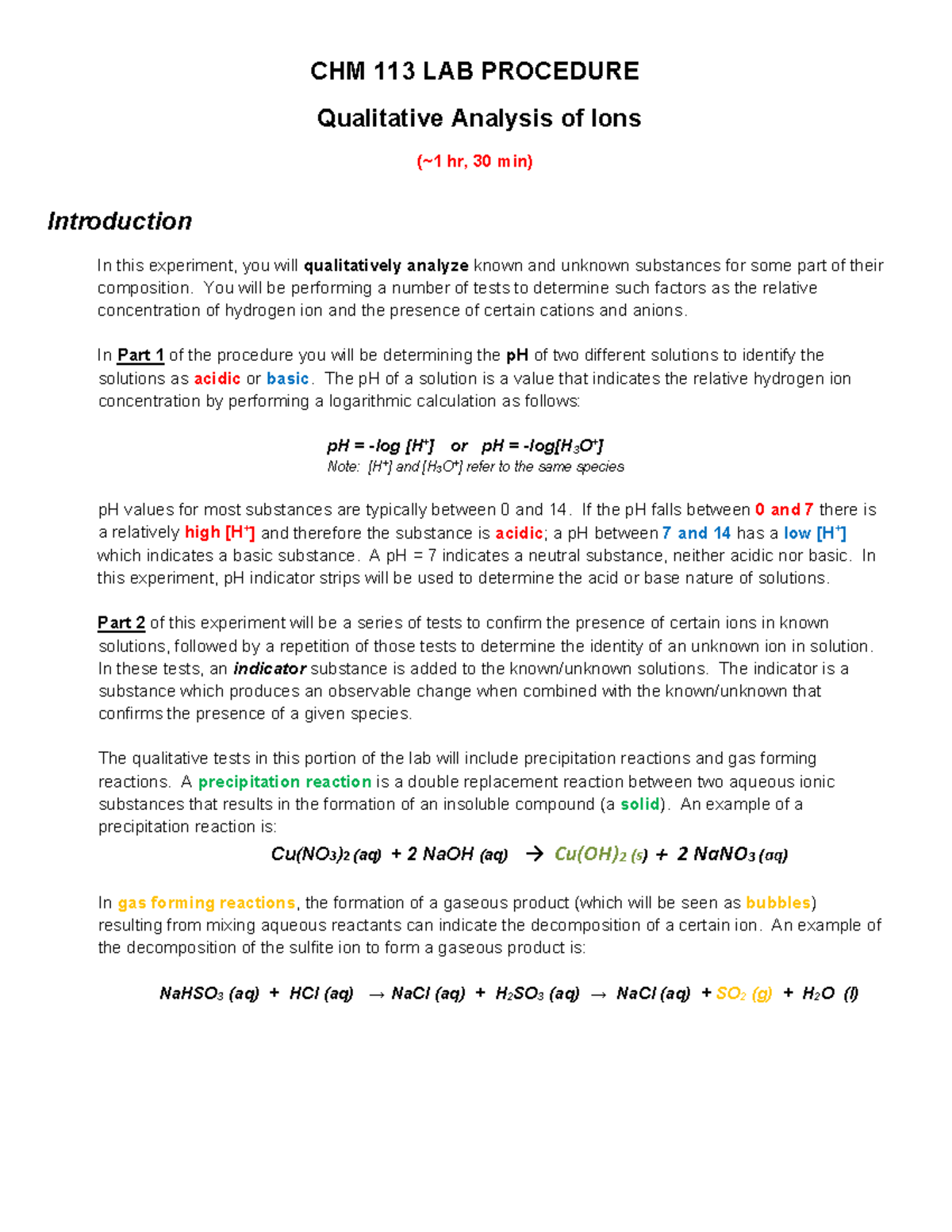 03 Ions Procedure Sum22 - CHM 113 LAB PROCEDURE Qualitative Analysis of Ions (~1 hr, 30 min ...