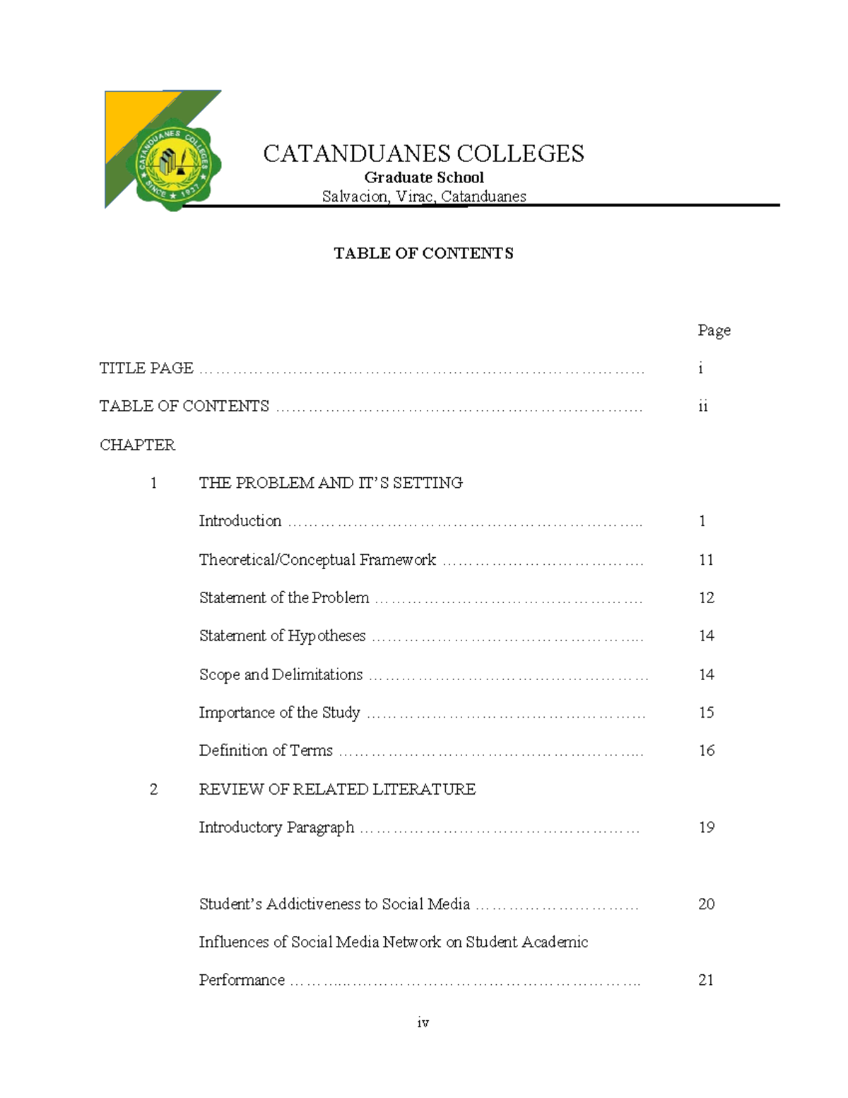 Table OF Contents - CATANDUANES COLLEGES Graduate School Salvacion ...