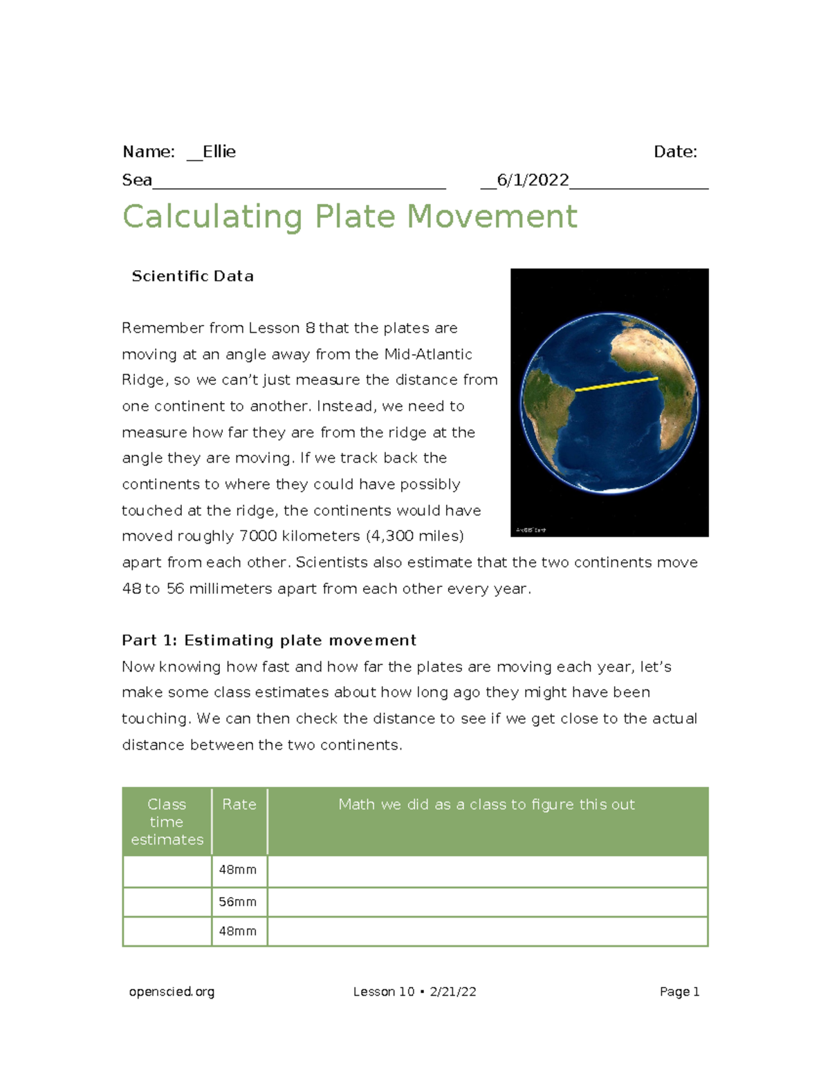 6.4 Lesson 10 Handout Calculating Plate Movement - Name: __Ellie - Studocu