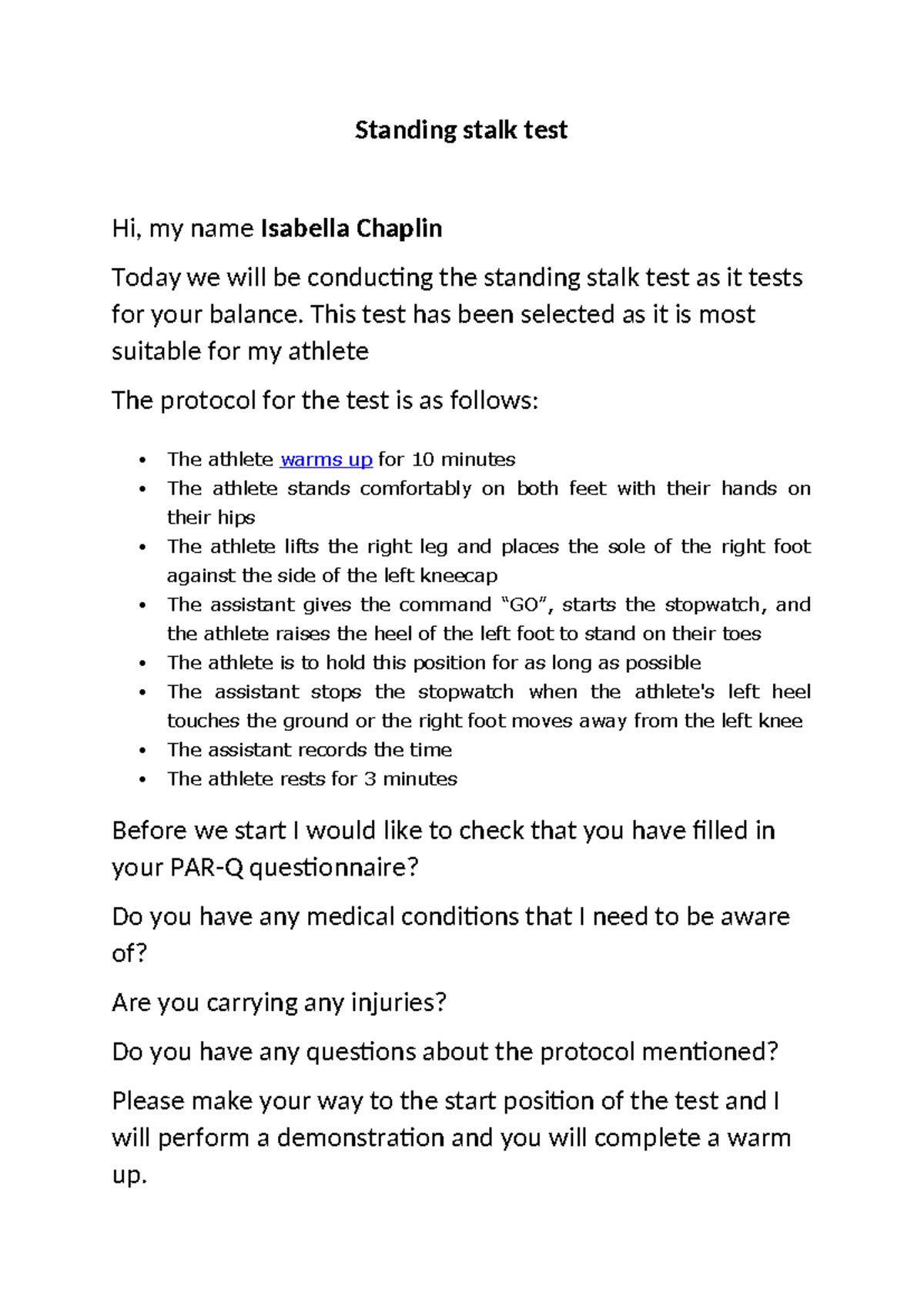 Script for Standing stalk test - Standing stalk test Hi, my name ...