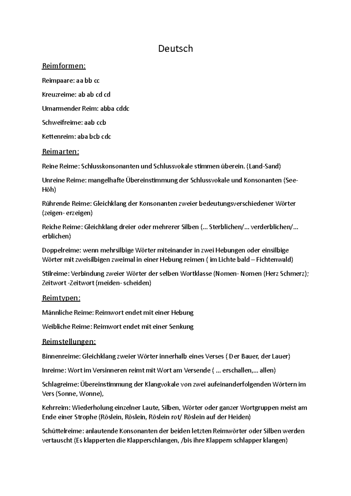 Deutsch - Lecture notes 1 - Deutsch Reimformen: Reimpaare: aa bb cc ...
