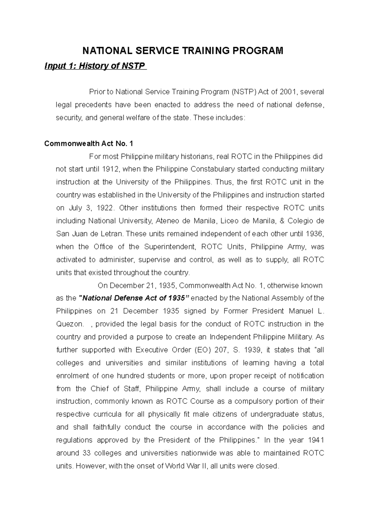 National Student Training Program - NATIONAL SERVICE TRAINING PROGRAM ...