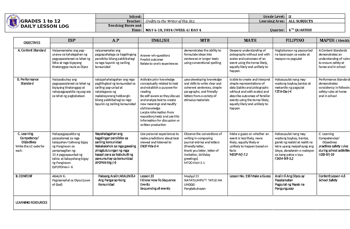 DLL ALL Subjects 2 Q4 W6 D4 - GRADES 1 to 12 DAILY LESSON LOG School ...