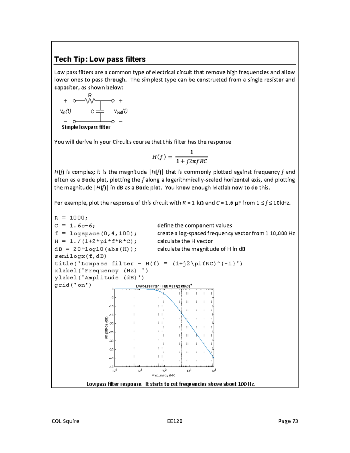 Matlab Graphics 9 Col Squire Ee120 Page 73 Amplitude Db Tech Tip Low Pass Filters Low Pass