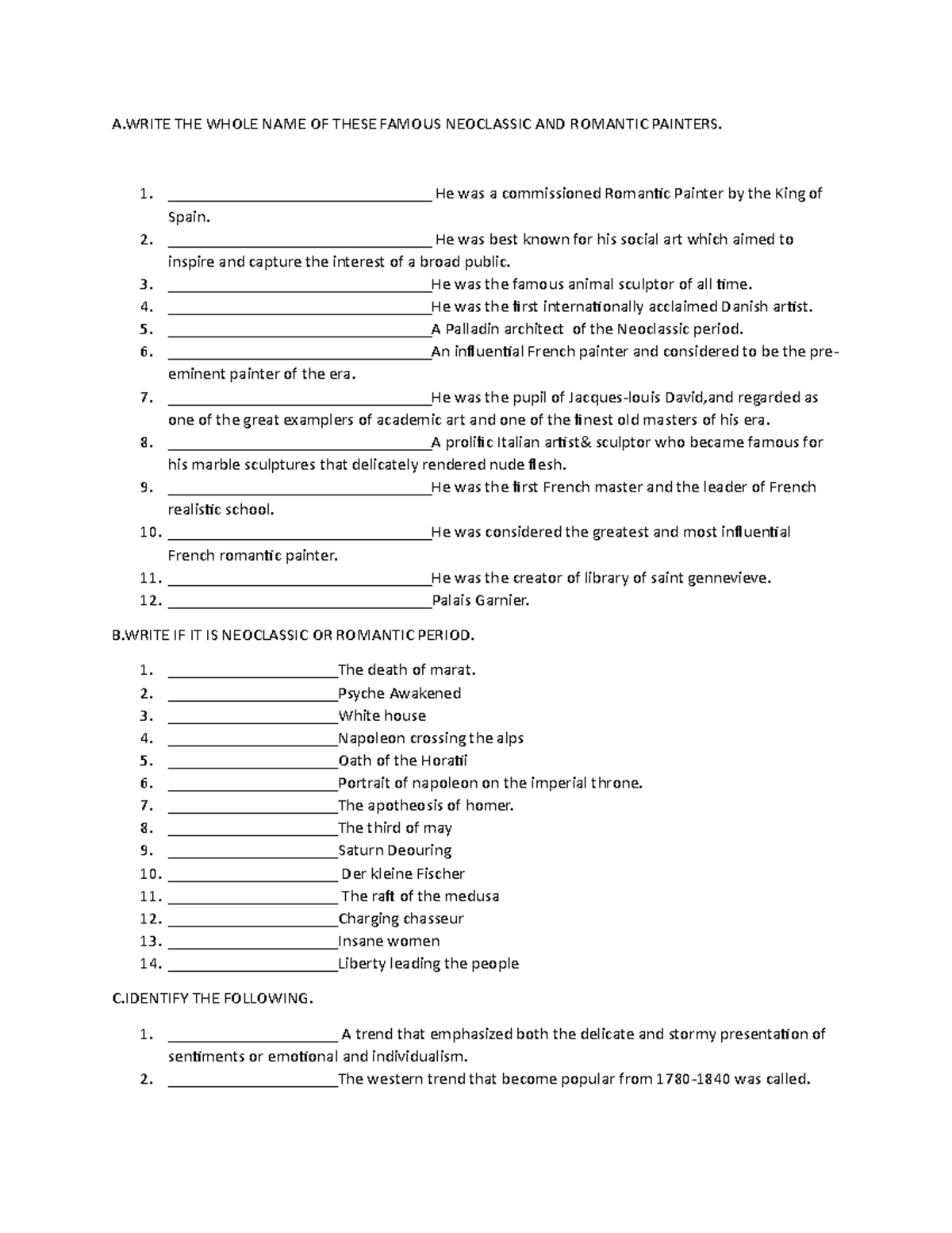 Arts - arts test - A THE WHOLE NAME OF THESE FAMOUS NEOCLASSIC AND ...