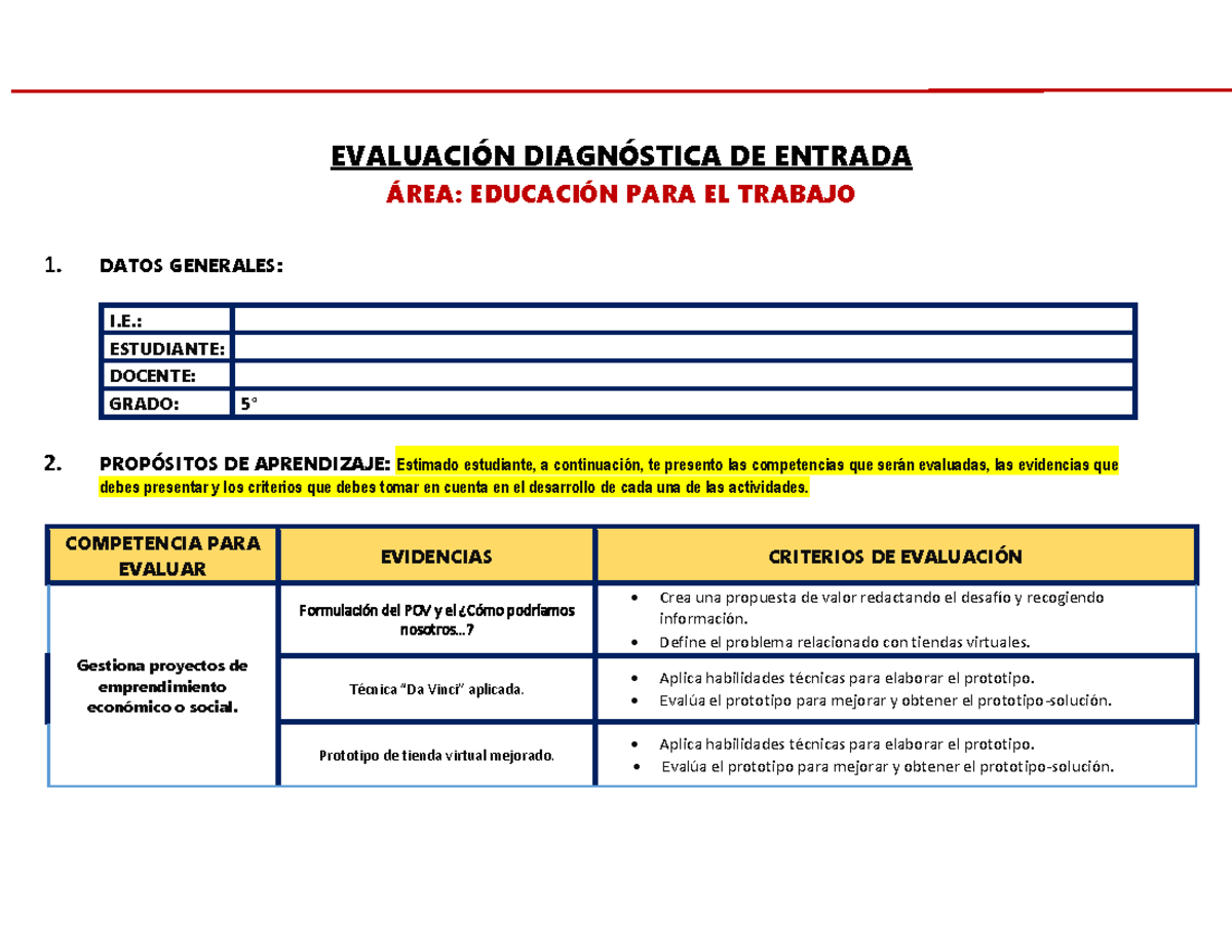 Evaluacion Diagnóstica-EPT-5° - CARPETA DIGITAL EDUCATION – NIVEL ...